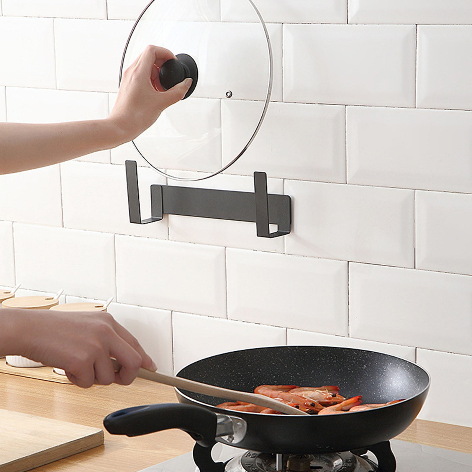 Xhegex Hanging Pot Lid Organizer Pot Lid Rack Wall-Mounted Carbon Steel ...