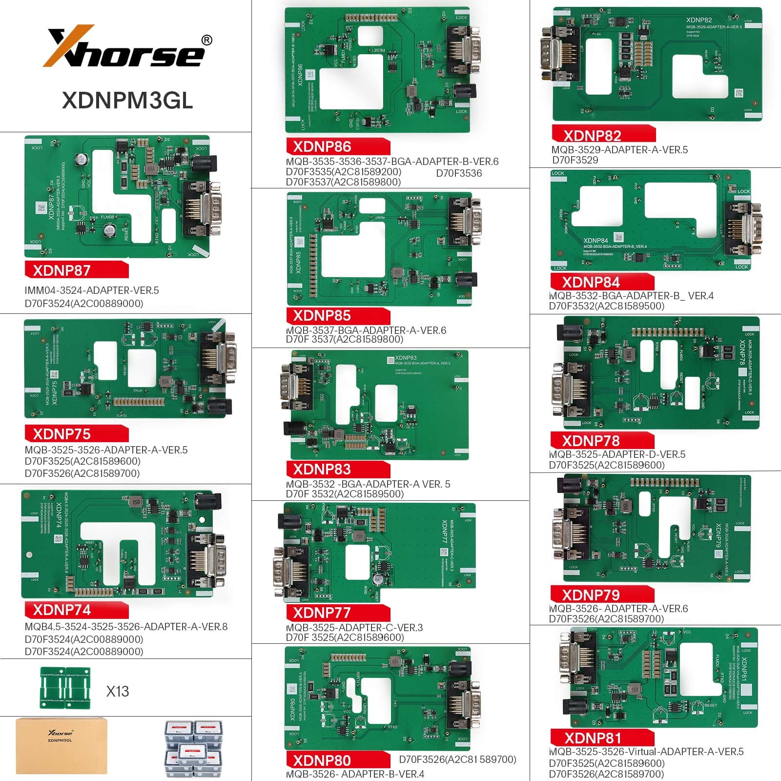 Xhorse MQB48 No Disassembly No Soldering 13 Full Set Adapters XDNPM3GL ...
