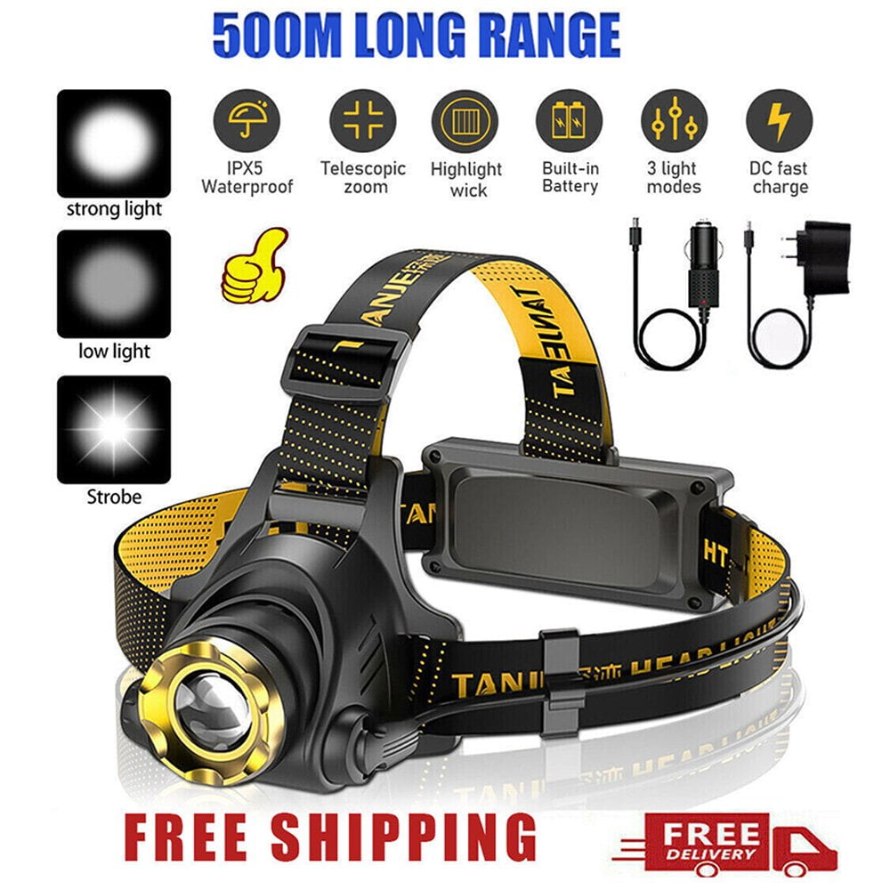 Xhy Rechargeable Headlamp, Waterproof LED, 3 Modes, Adjustable Headband ...