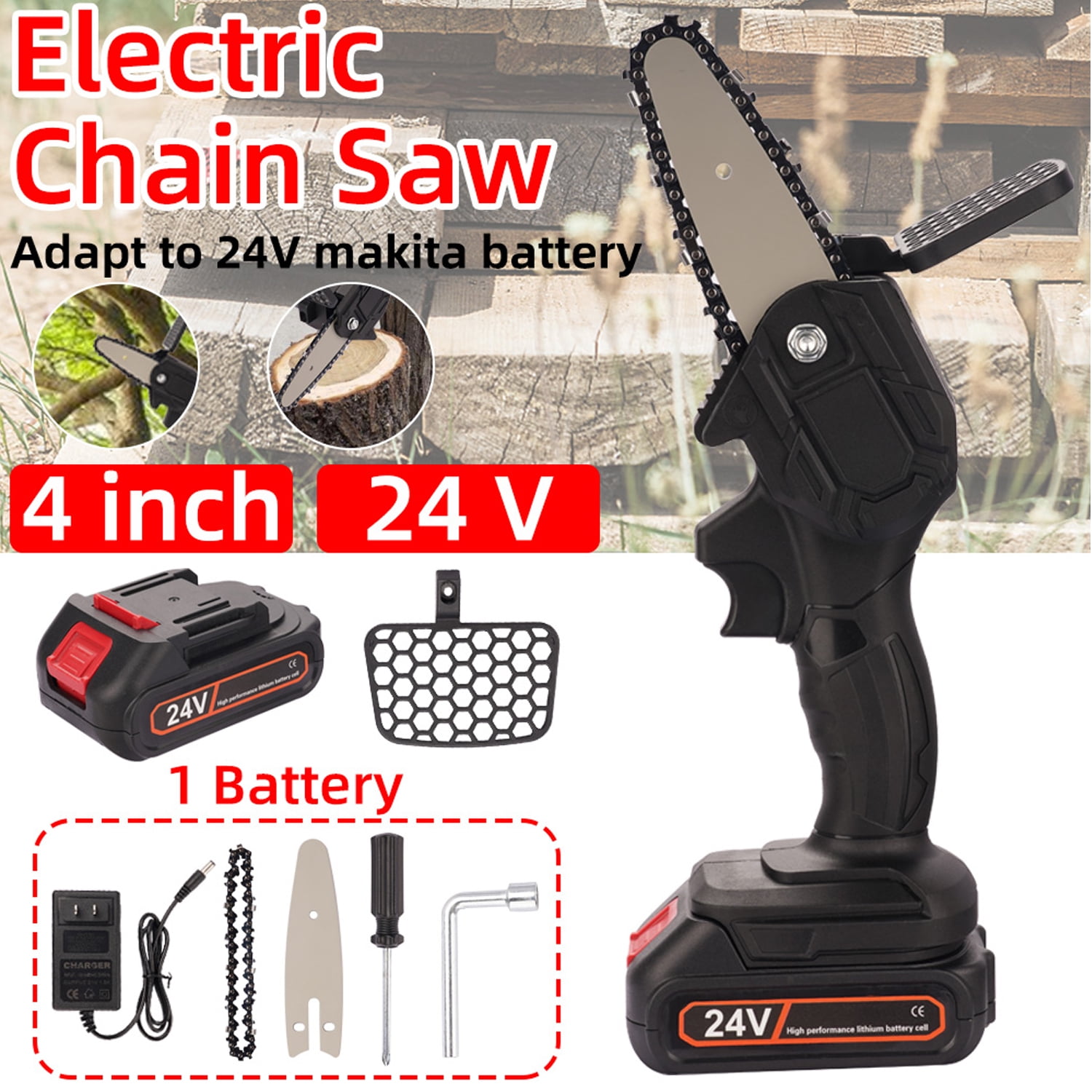 Xhy Mini Electric Chainsaw 4 Inch 24V Battery Powered Outdoor Wireless ...