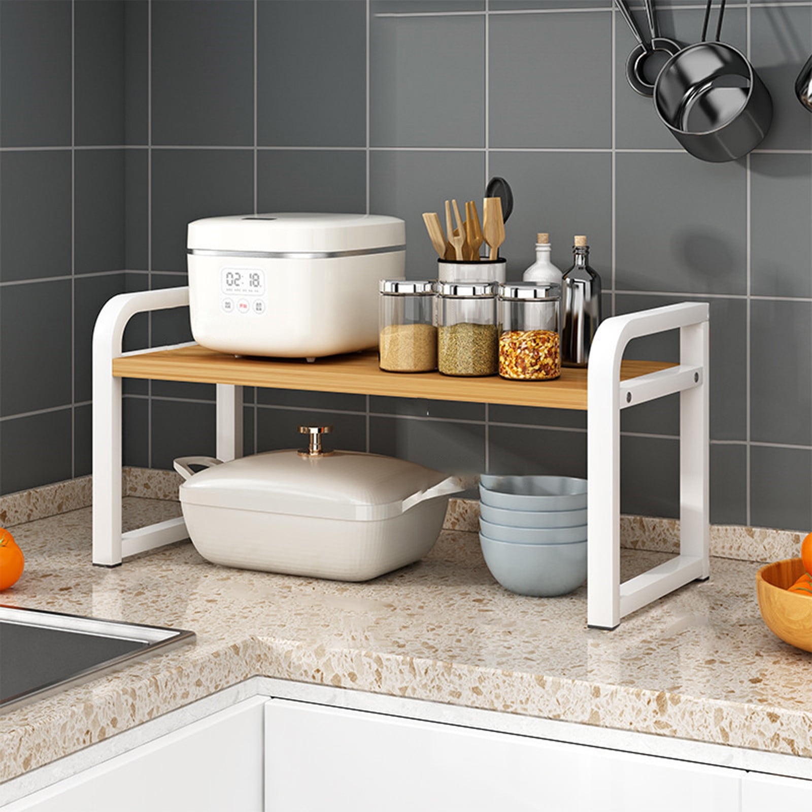 XiYing White Metal Kitchen Storage Rack with Wood Shelves for Spice ...