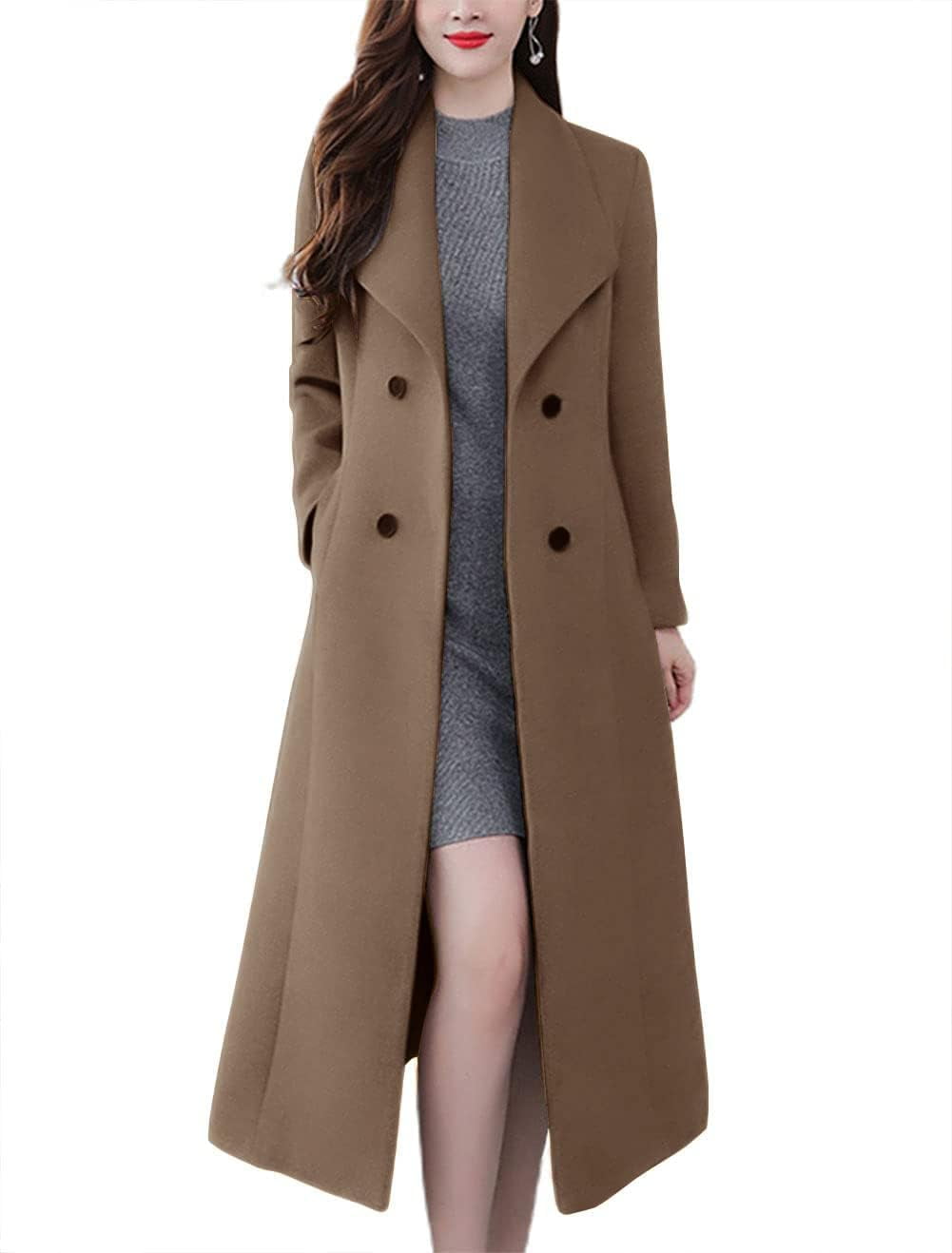 XiaoBanDeng Women's Chic Shawl Collar Work Double Breasted Maxi Long ...