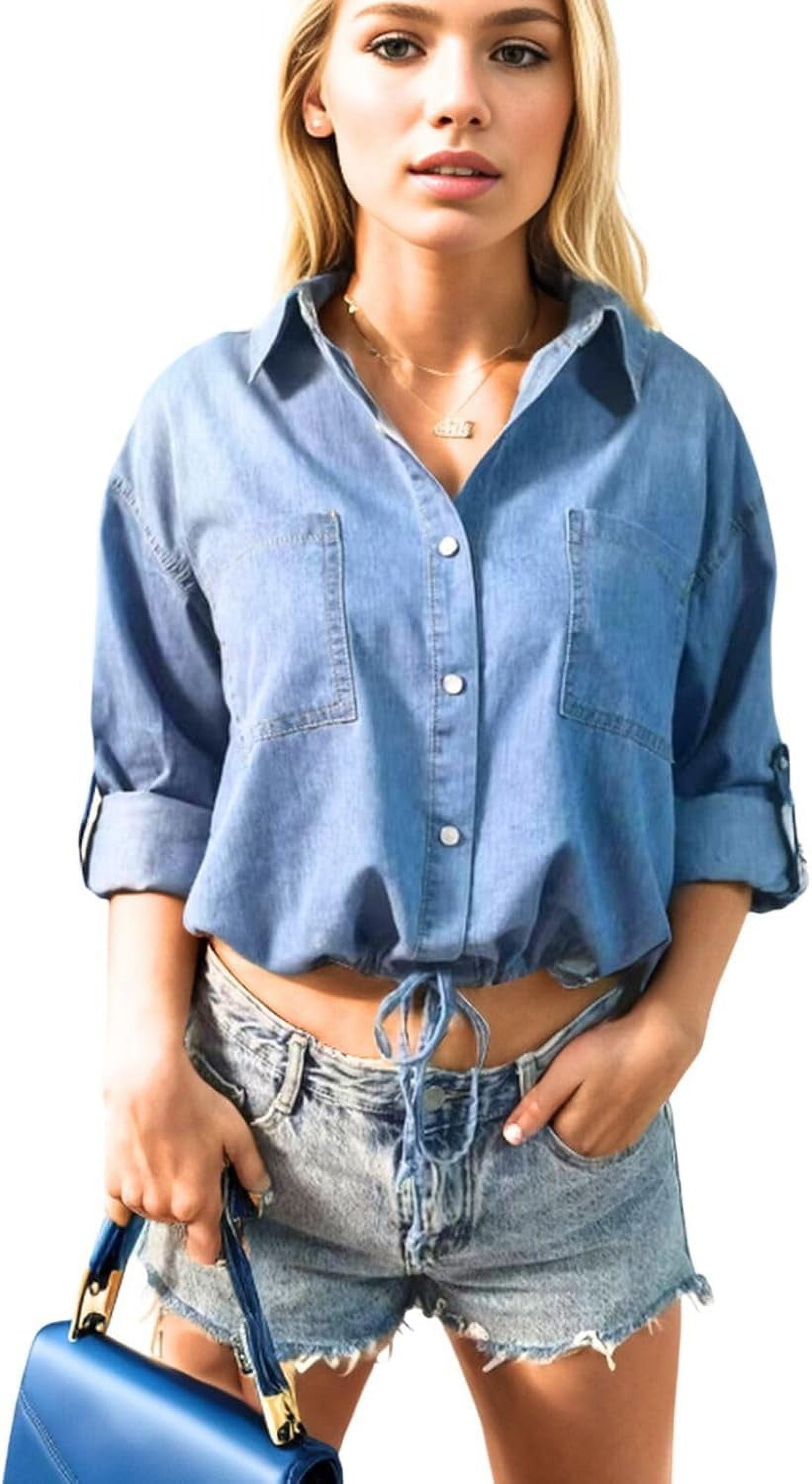 XiaoBanDeng Women's Cropped Denim Shirt Roll Up 3/4 Sleeve Casual Loose ...