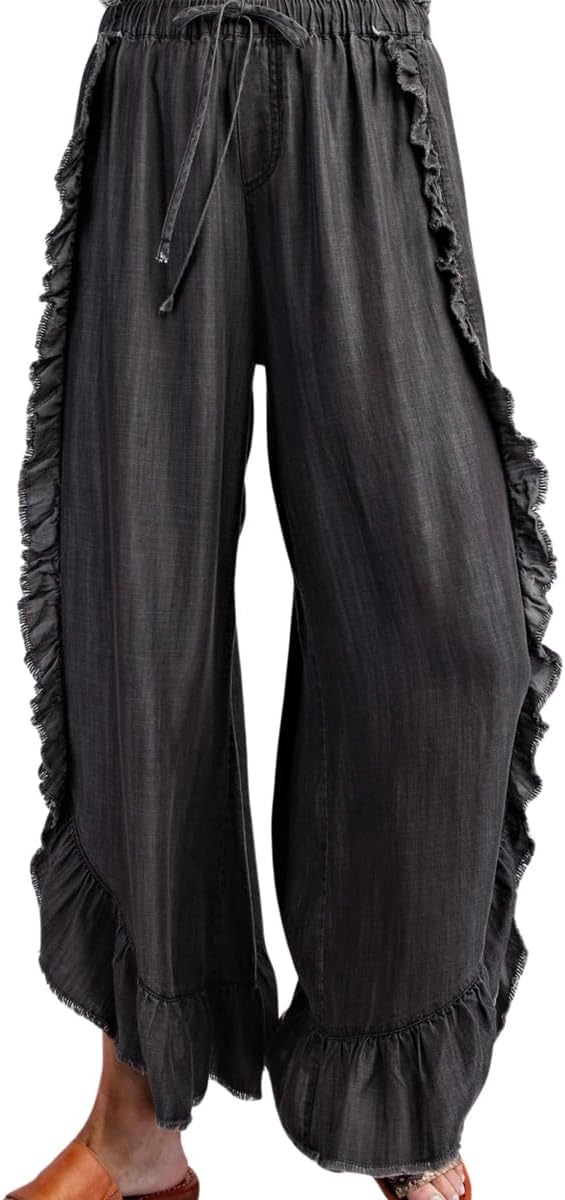 XiaoBanDeng Women's Summer Bobo Flared Denim Pants Wide Leg Ruffled ...