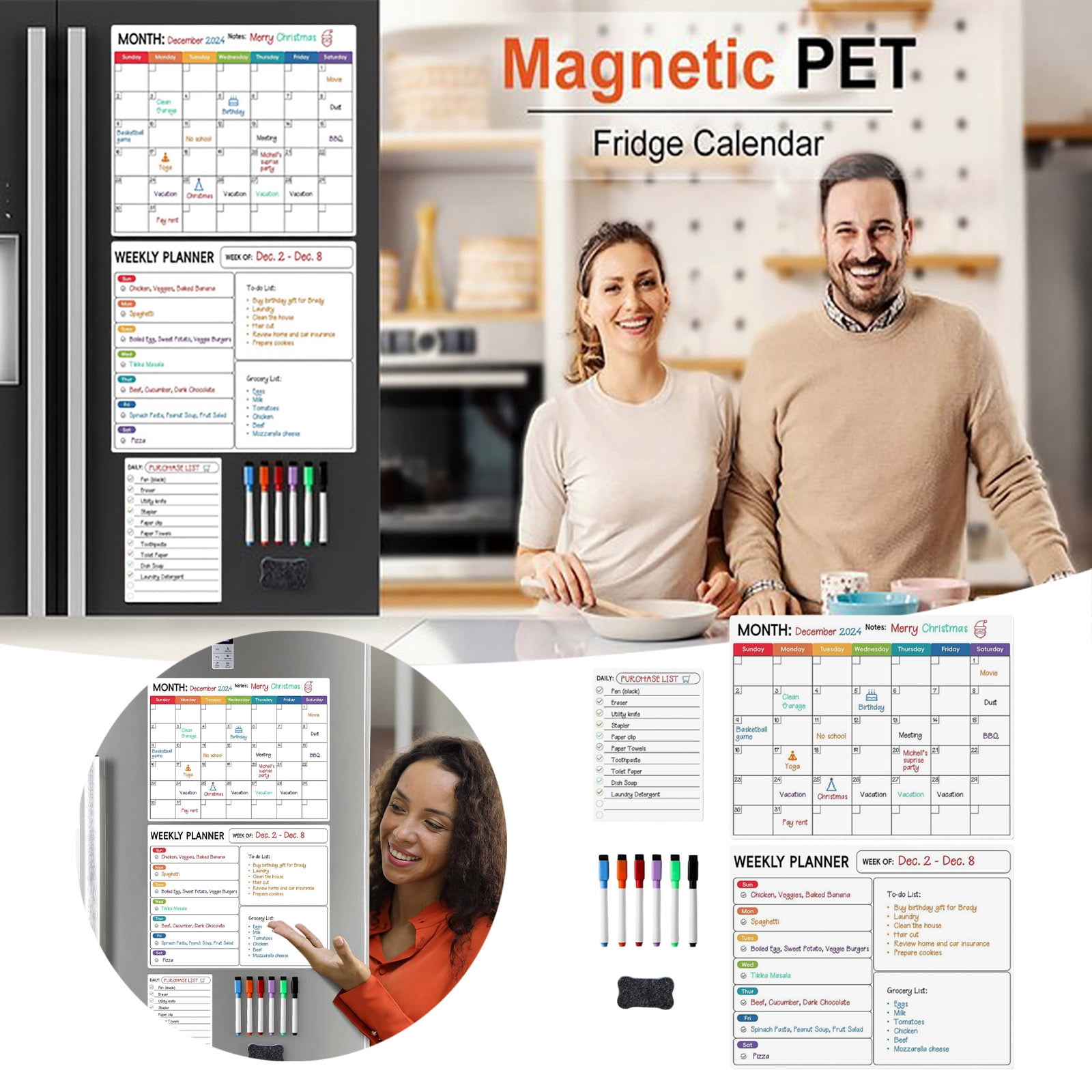 Xiaopybbeixxx Refrigerator Dry Wipe Calendar 3 Piece Set Monthly Weekly ...