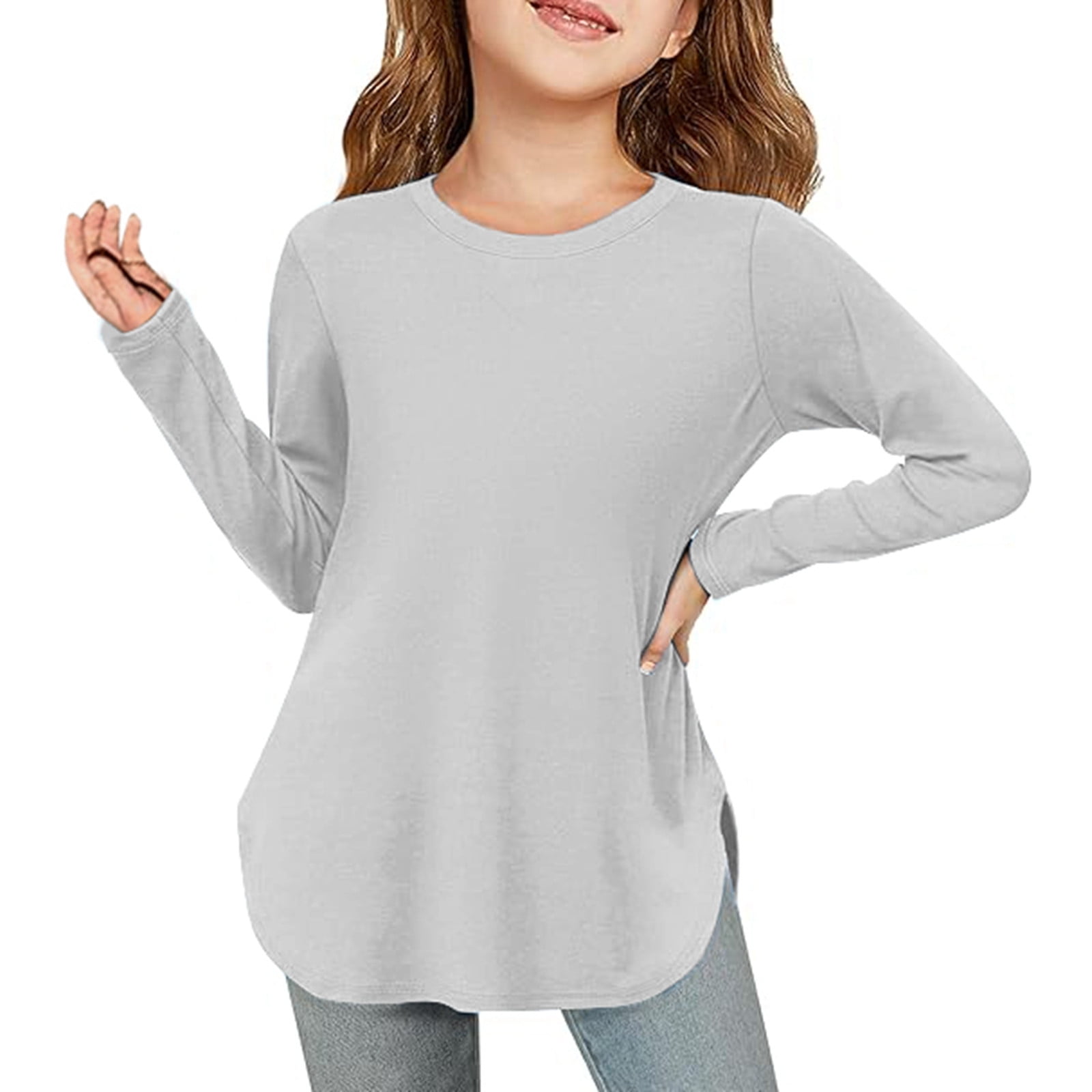Xiaowennn Girls Long Sleeve Shirts Kids Arc Hem Side Slit Soft Tunic ...