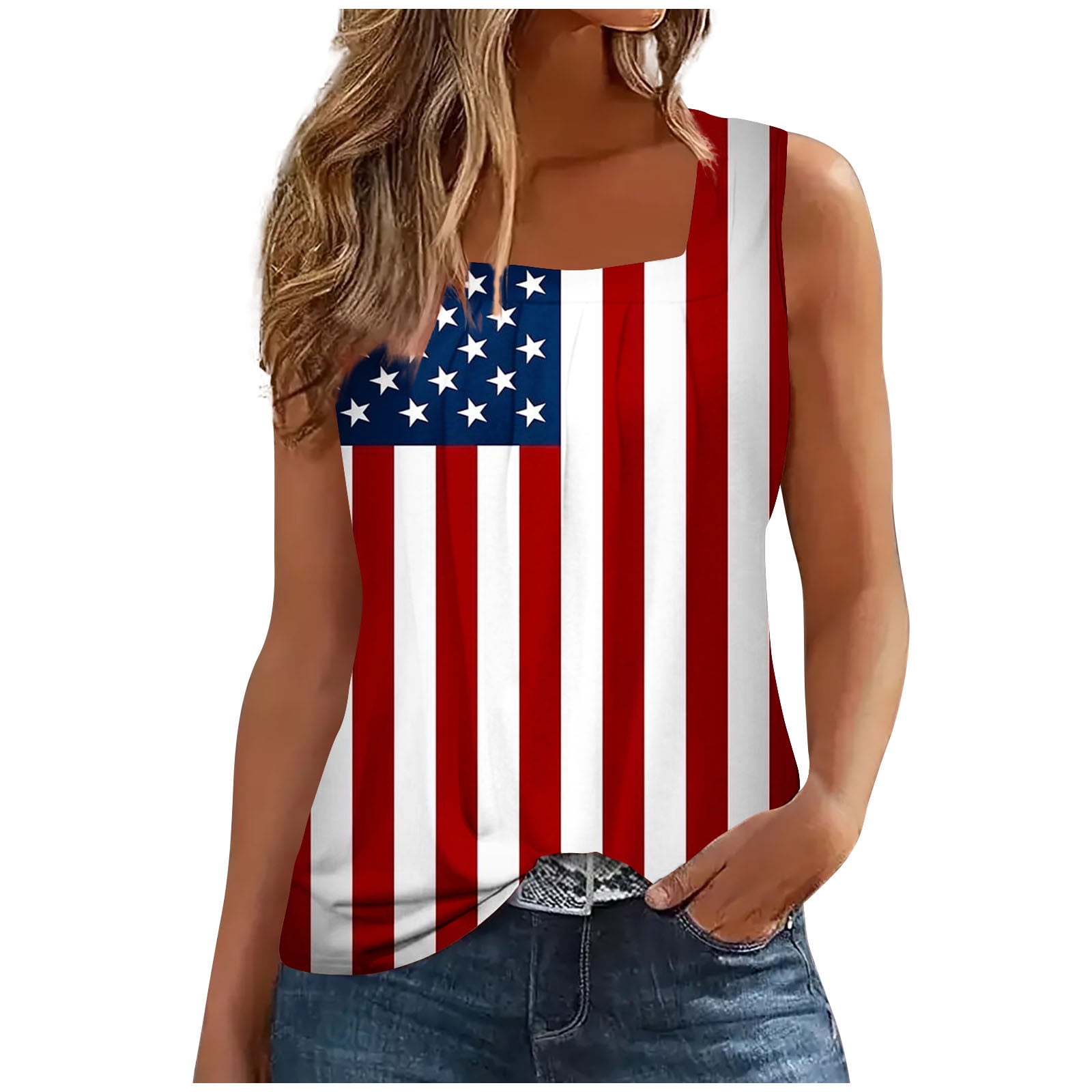 Xihbxyly American Flag Button Crew Neck Tank Tops Women, Womens Summer ...