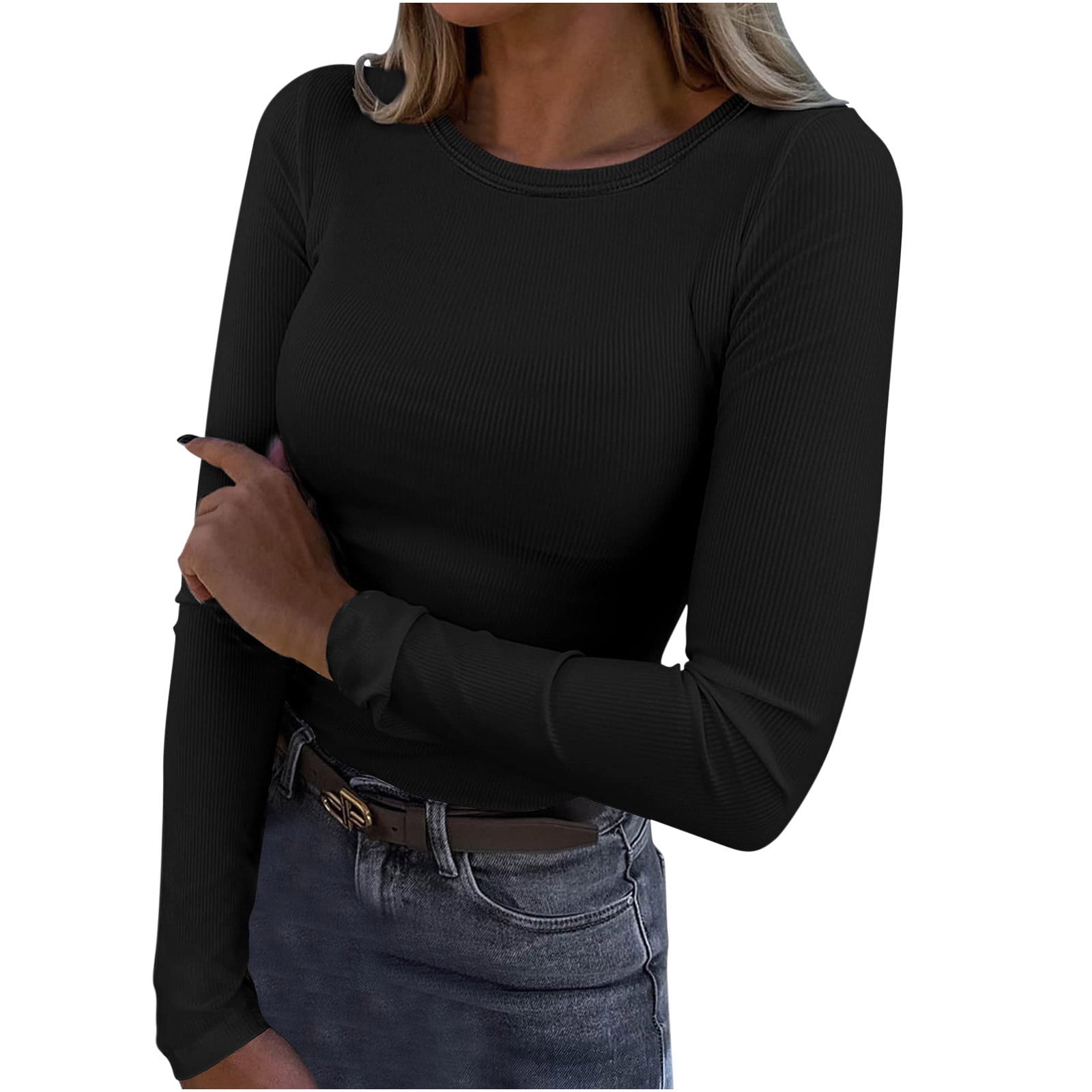 Xihbxyly Long Sleeve Basic Tops for Women, Women's Ribbed Scoop Neck ...