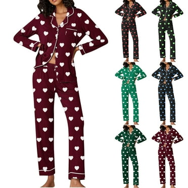 Leesechin Pajamas Women's Valentine's Day Pajama Gift Set Hearts Print Long Sleeve Sleepwear ...
