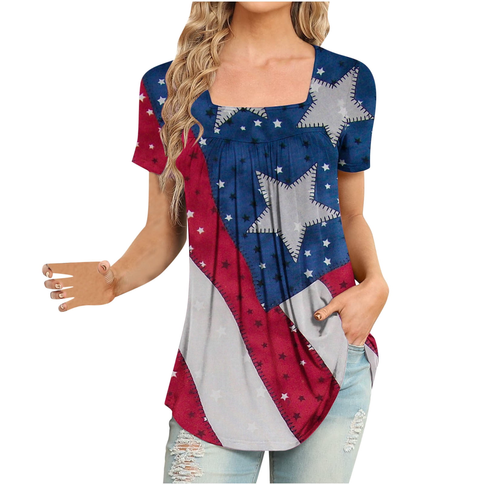 Tops for Women, July of 4th Shirt for Women Summer V Neck Short Sleeve ...