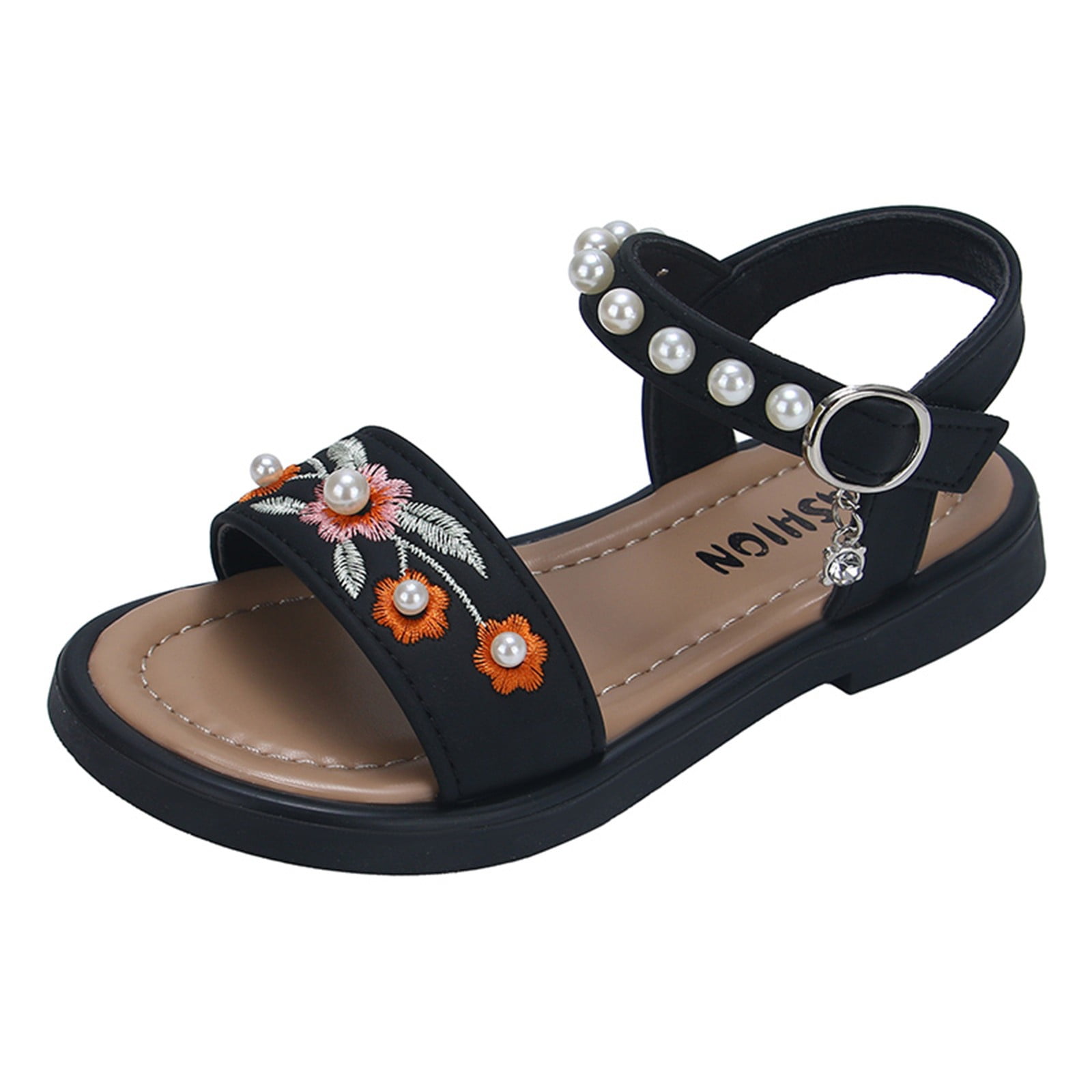 Xijirk Girls Thick Heel Flat Sandals Outdoor Hollow Pearl Embroidery ...
