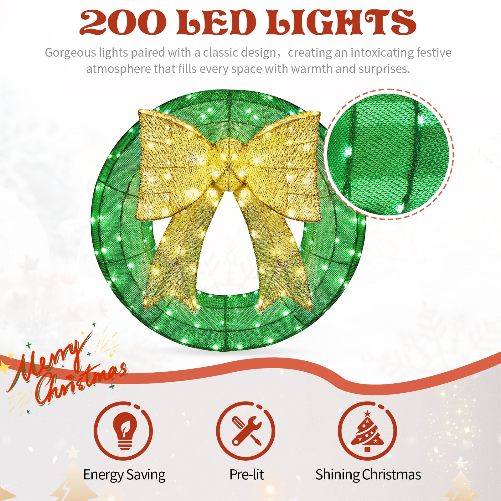 Xilee 1PC Pre-Lit Outdoor Christmas Wreath Decorations, 14'' Bow ...