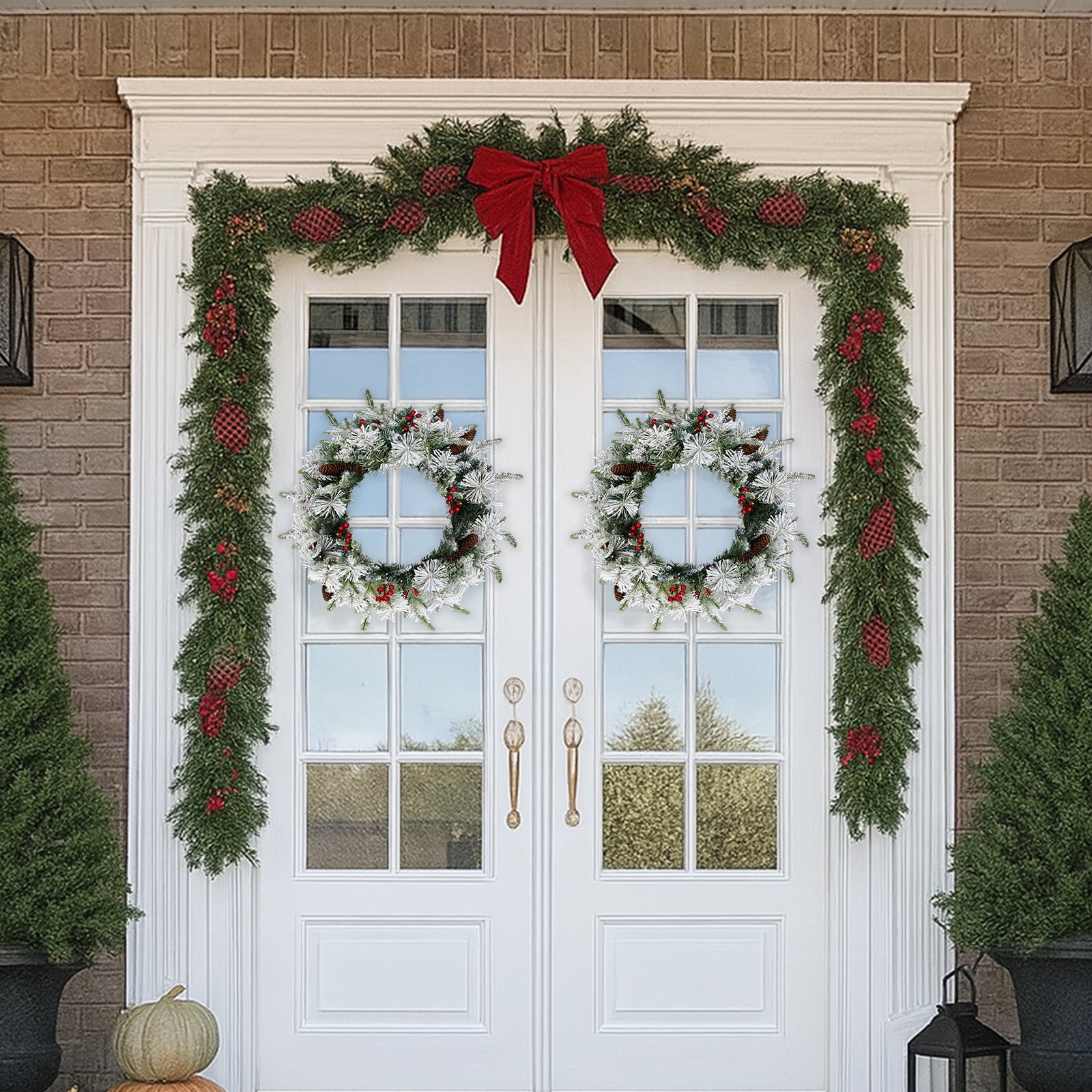 Xilee 2 Pack 18in Pre-lit Snow Flocked Christmas Wreath,Christmas ...