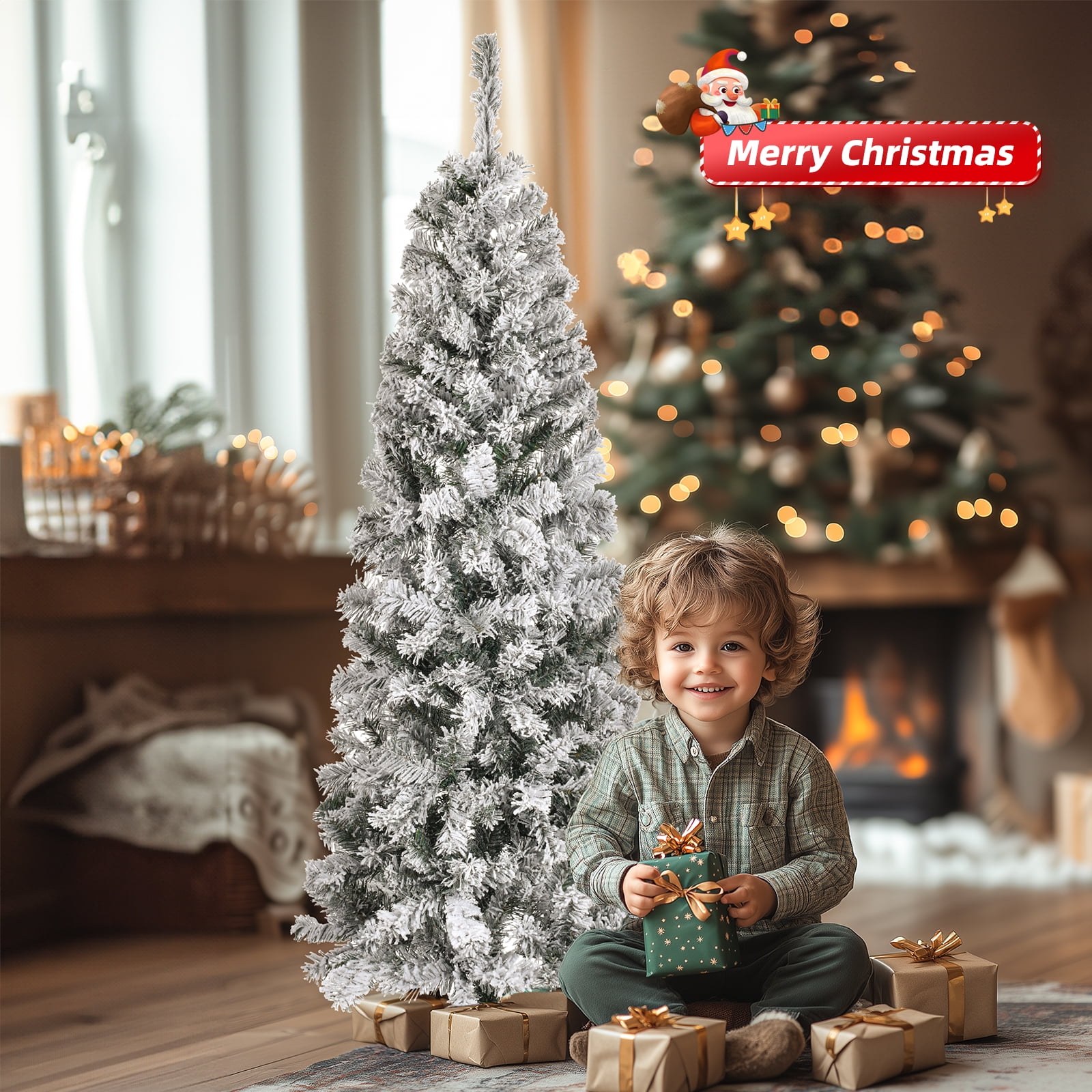 Xilee 6ft Snow Flocked Artificial Pencil Christmas Tree,Unlit Slim ...