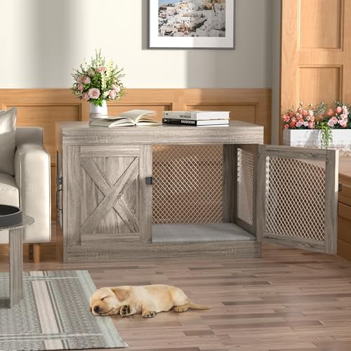Xilingol Corner Dog Crate Furniture with Double Doors, 36 Inch Wooden ...