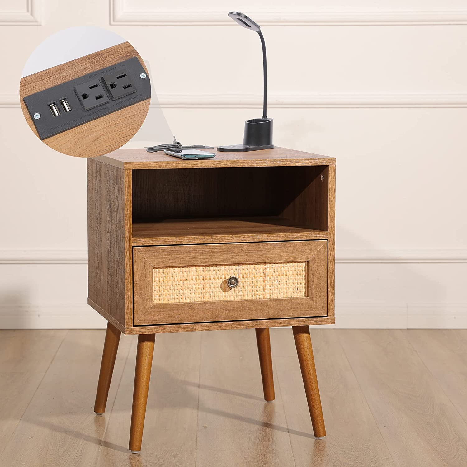 Xilingol Rattan Nightstand with Charging Station USB Ports & Power ...