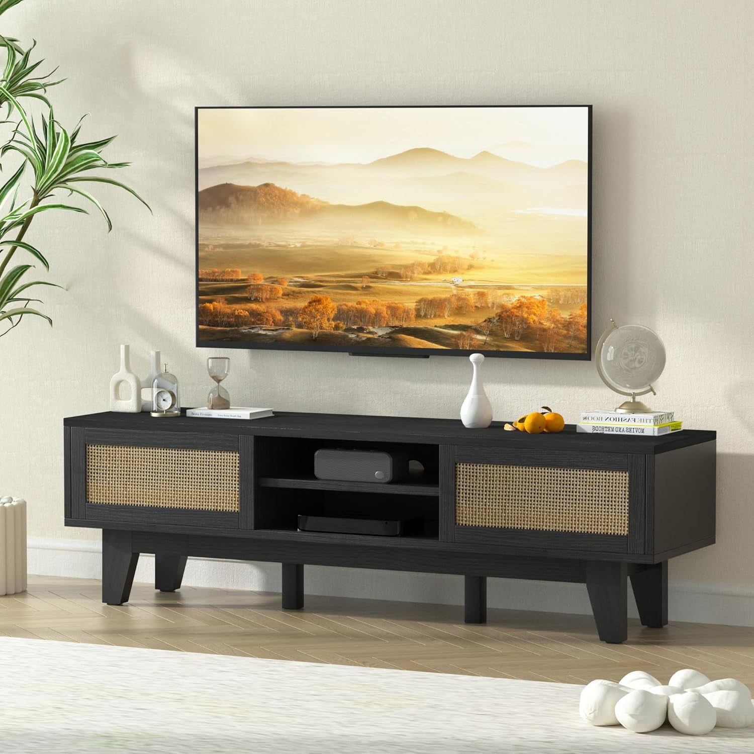 Xilingol Rattan TV Stand for up to 65 inch TV, Boho Entertainment ...