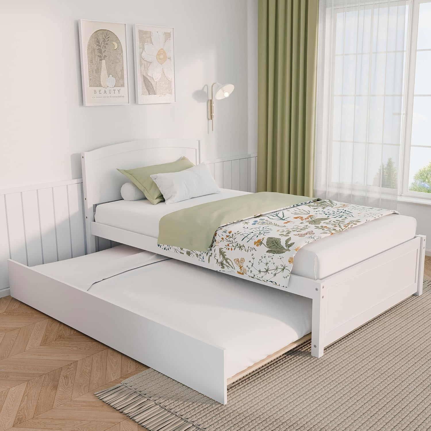 Xilingol Trundle Bed Twin, Solid Wood Bed Frames with Headboard and ...