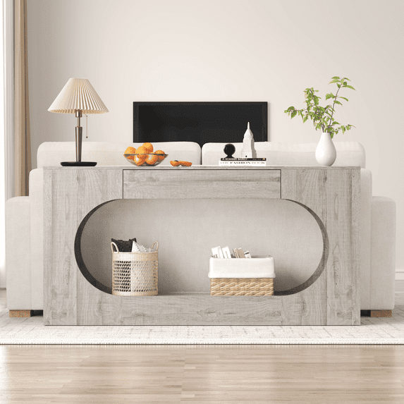 Xin biao Grey Wood Grain Console Table with Storage Drawer, 63