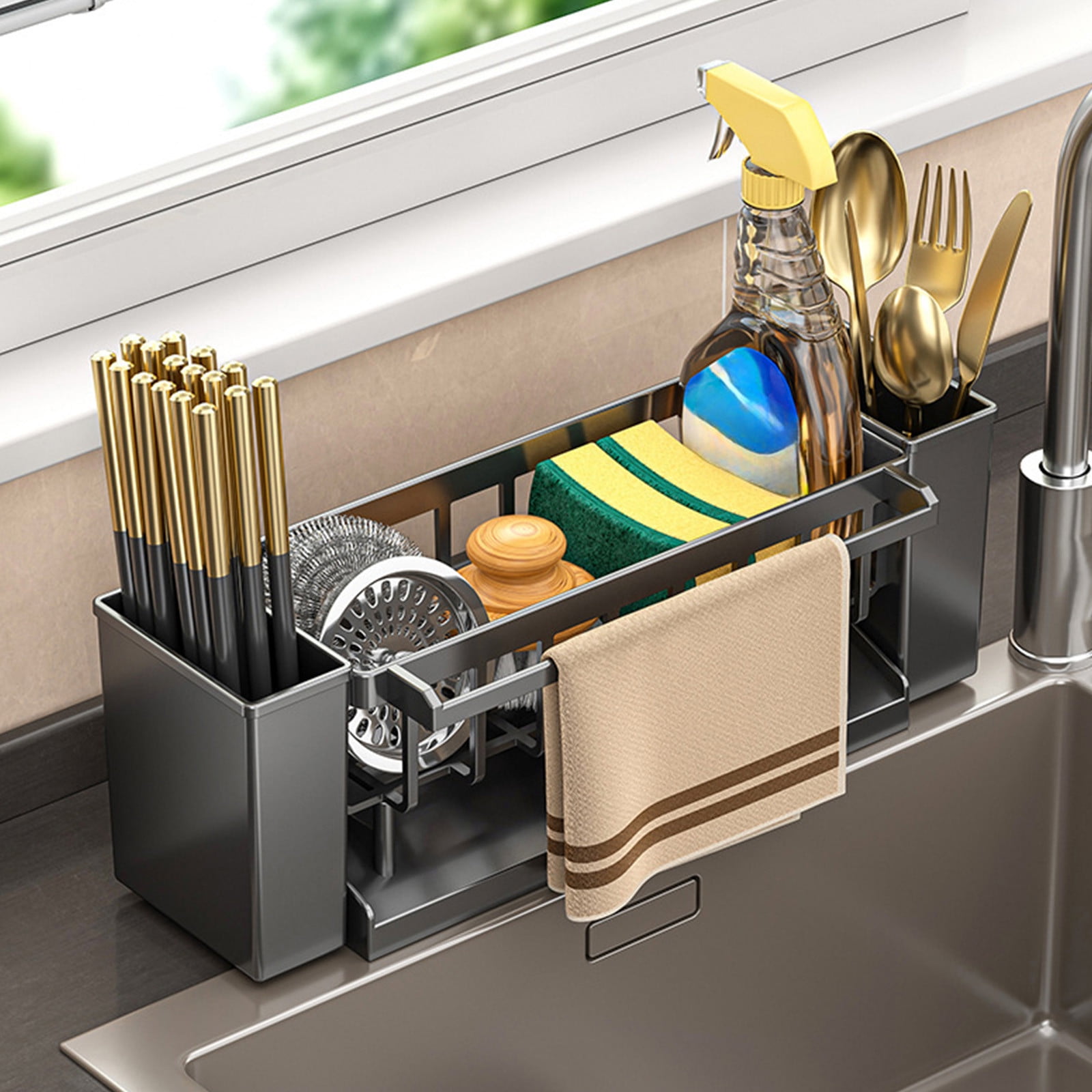 XingLiang Kitchen Sink Organizer | Auto Draining Sponge Caddy with ...
