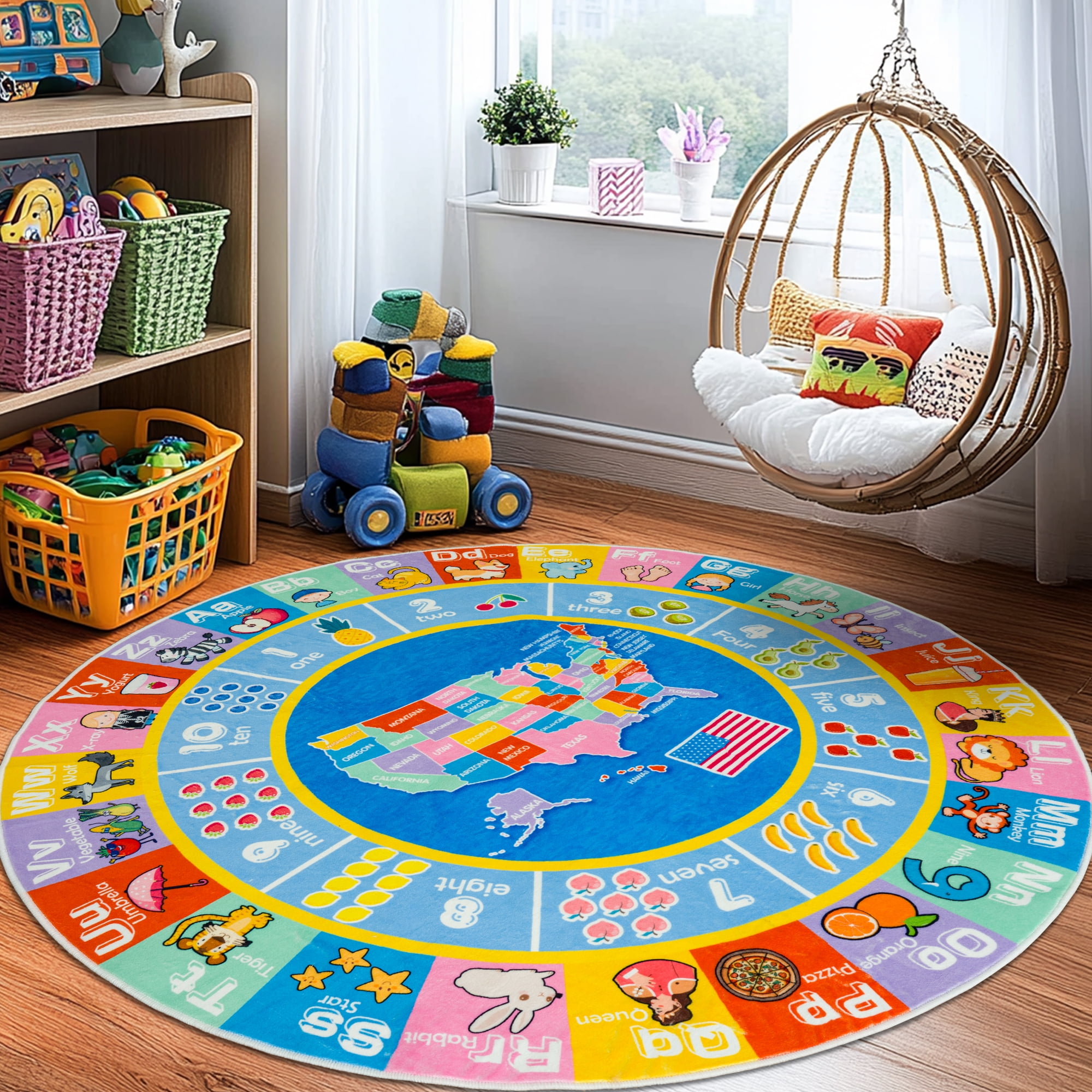SARAG 47in Large Round Alphabet Rug Large Round US Map Rug ABC Puzzle ...