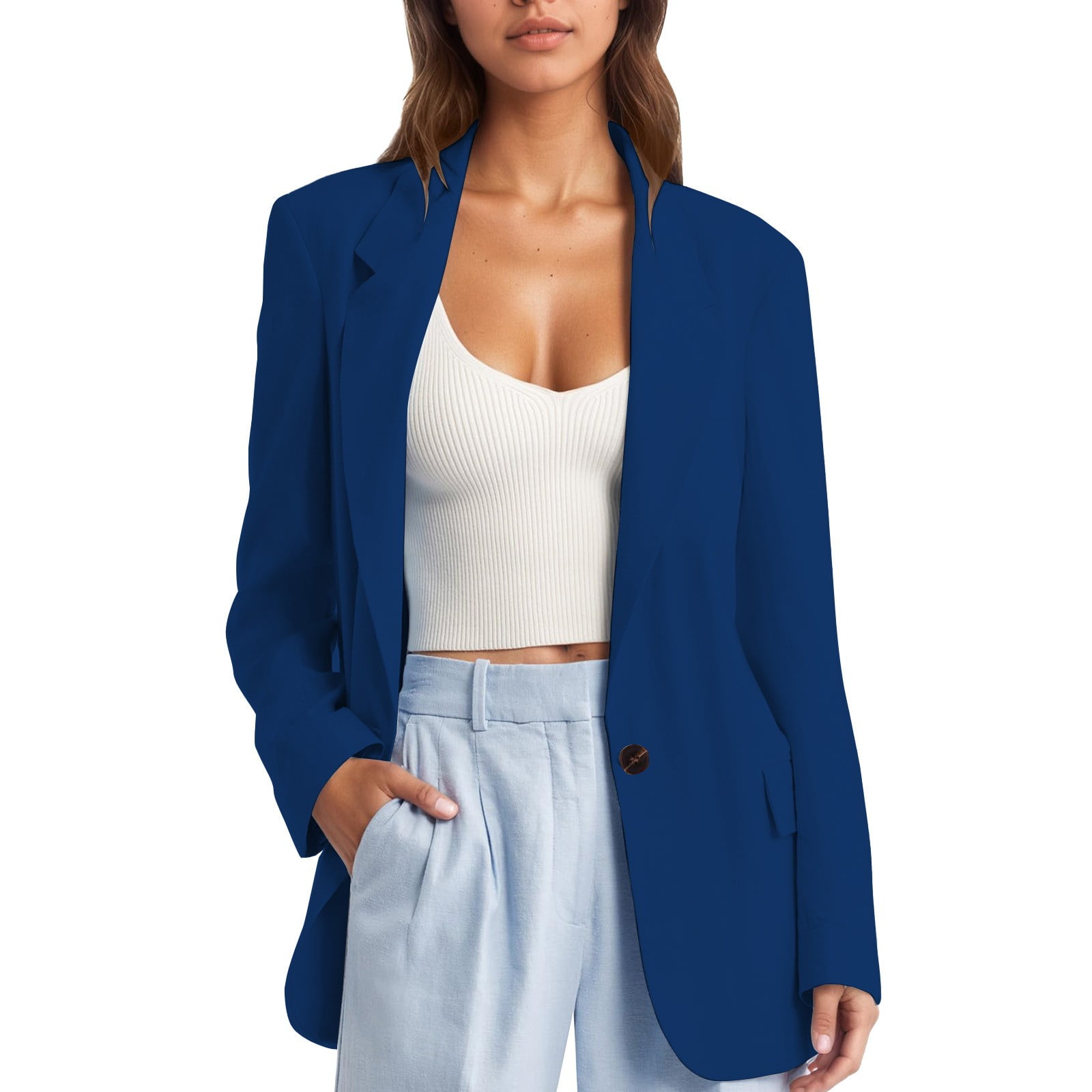 Xingpeng Long Line Single Button Blazer Jacket for Women Casual Office ...