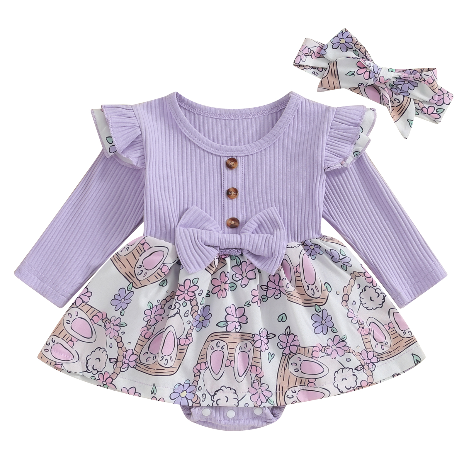 Xingqing Newborn Baby Girl Easter Outfits Set Long Sleeve Bunny Flower Print A-line Romper Dress ...