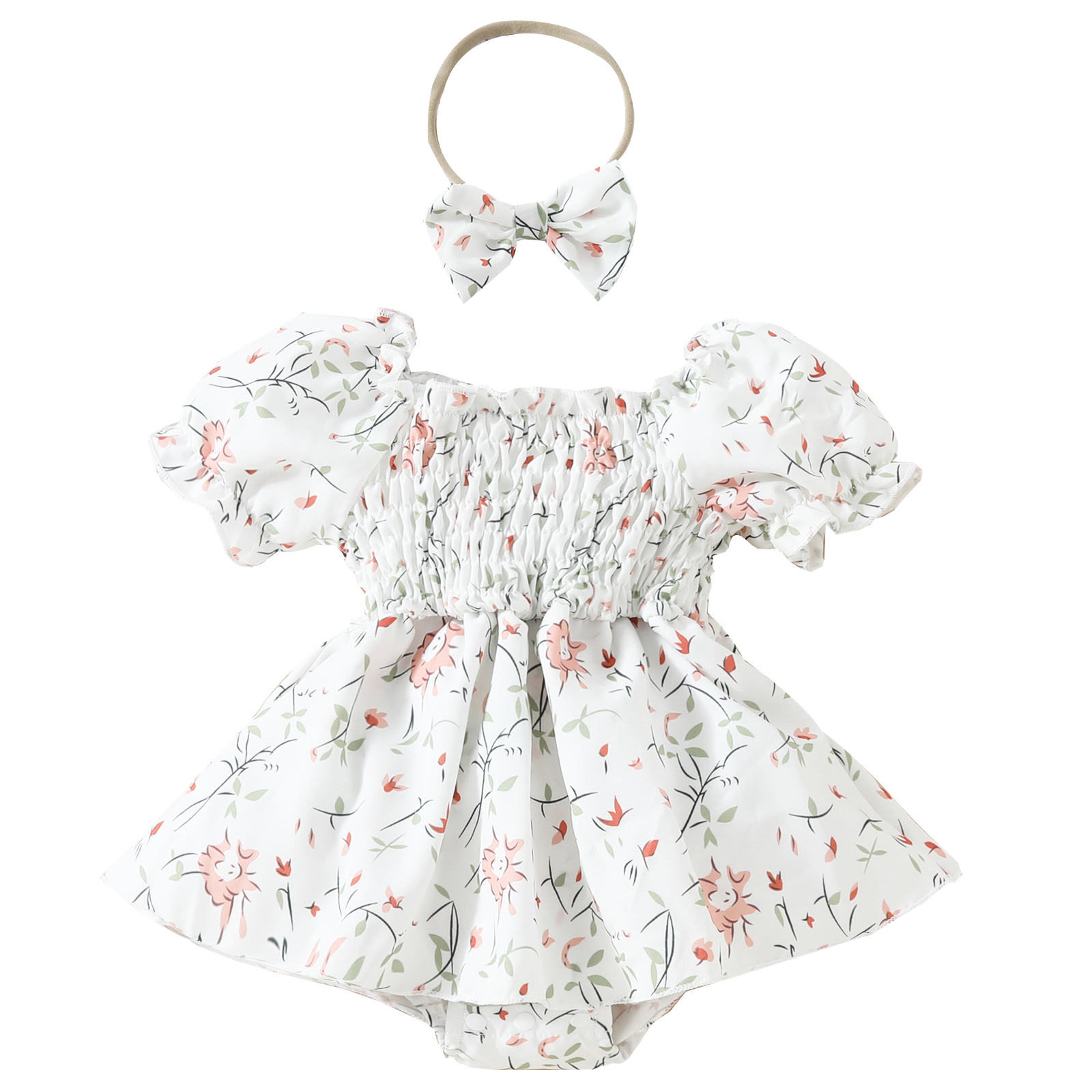 Xingqing Newborn Baby Girls Rompers Dress Floral Print Short Sleeve Ruched Skirt Hem Infant ...