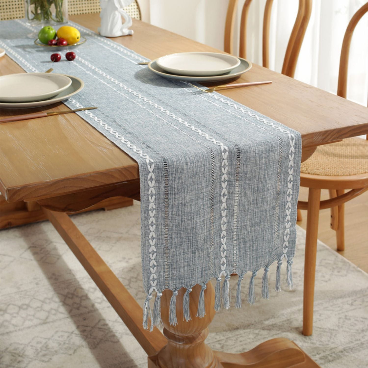 Xinhecheng 72 in Table Runners with Hand-Tassels for Dining Table, Blue ...