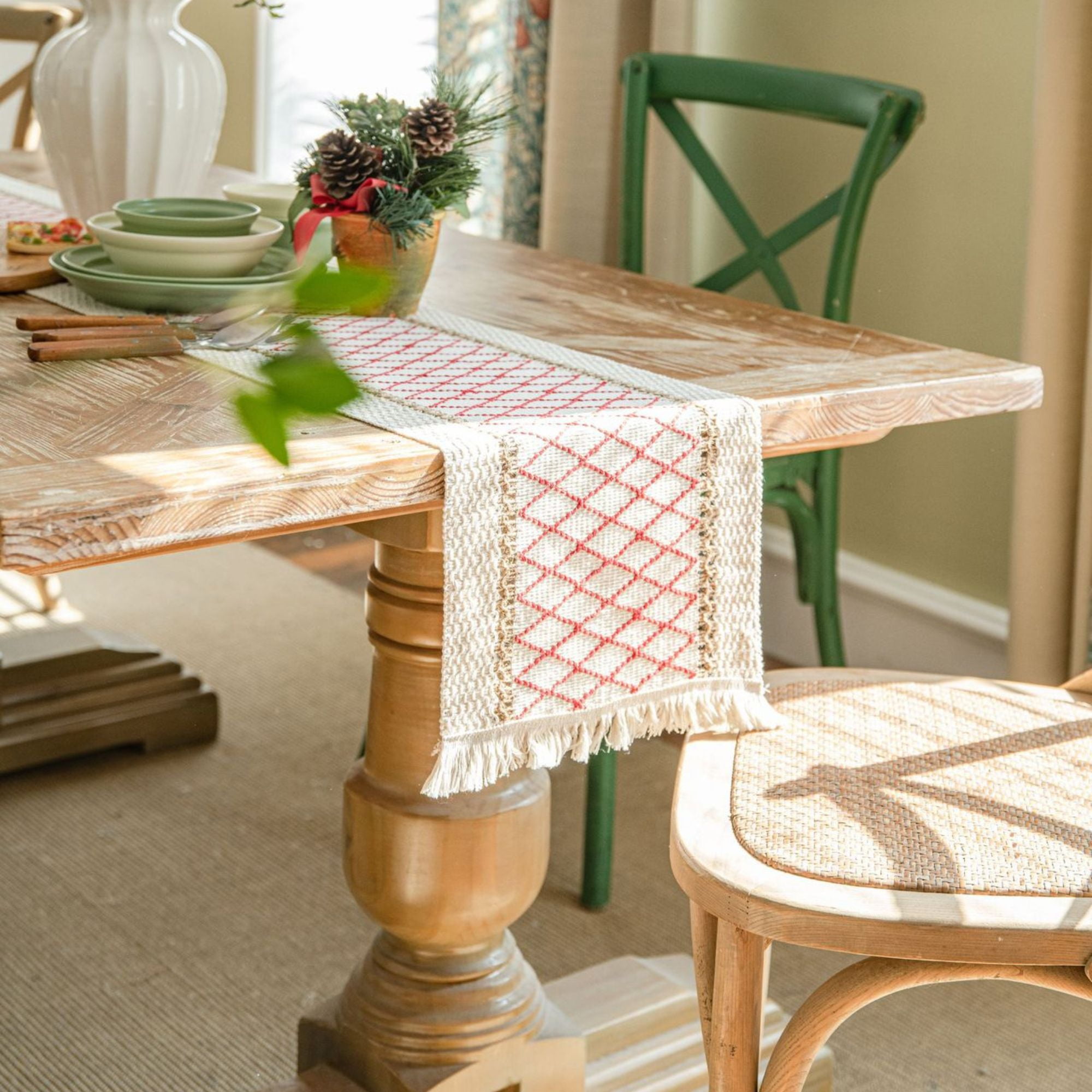 Xinhecheng Vintage Woven Table Runner with Tassels, Linen, Red Grid, 12 ...
