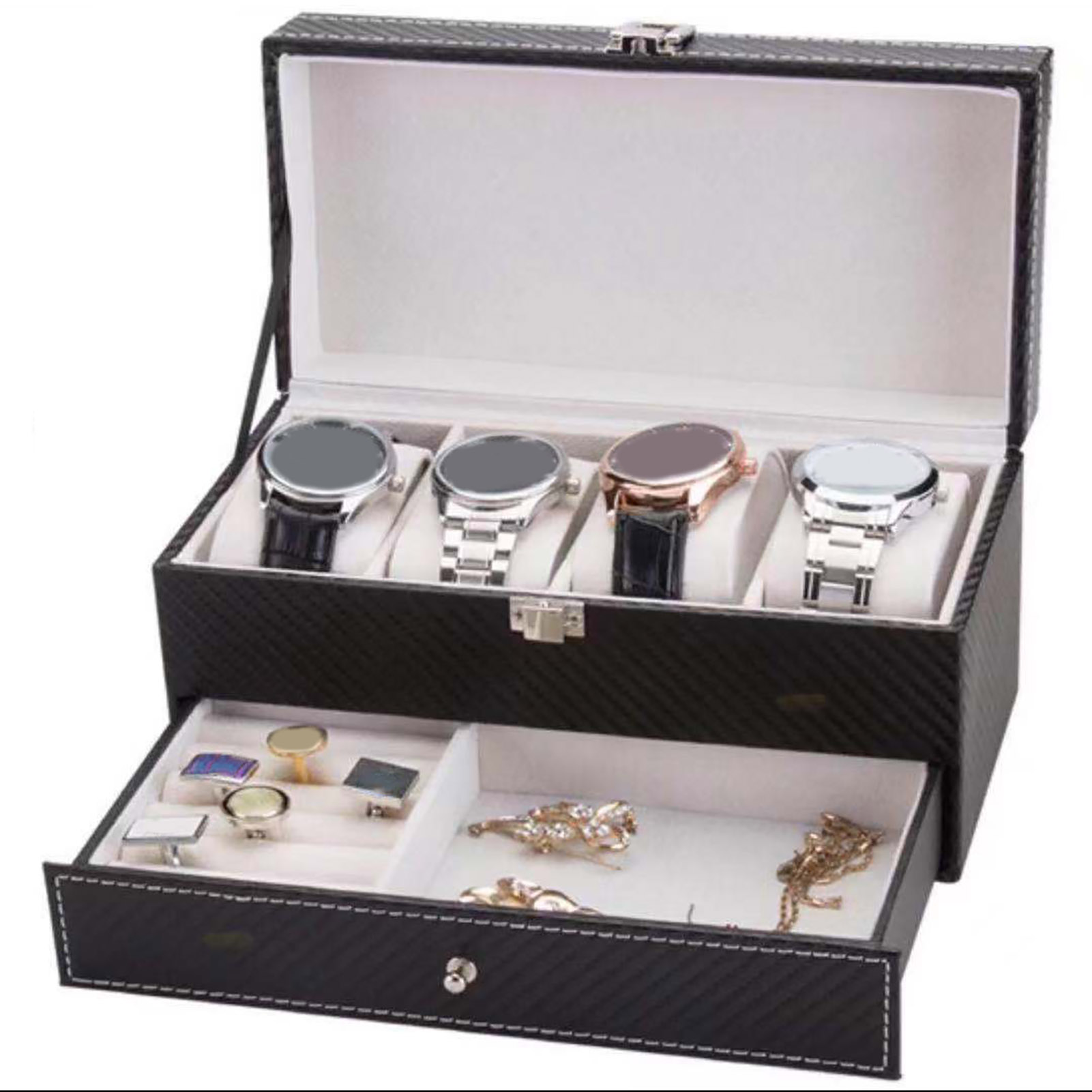 Xinwanna 4-Slot Watch Box, Lockable Watch Case with Clear Window Lid, 2 ...