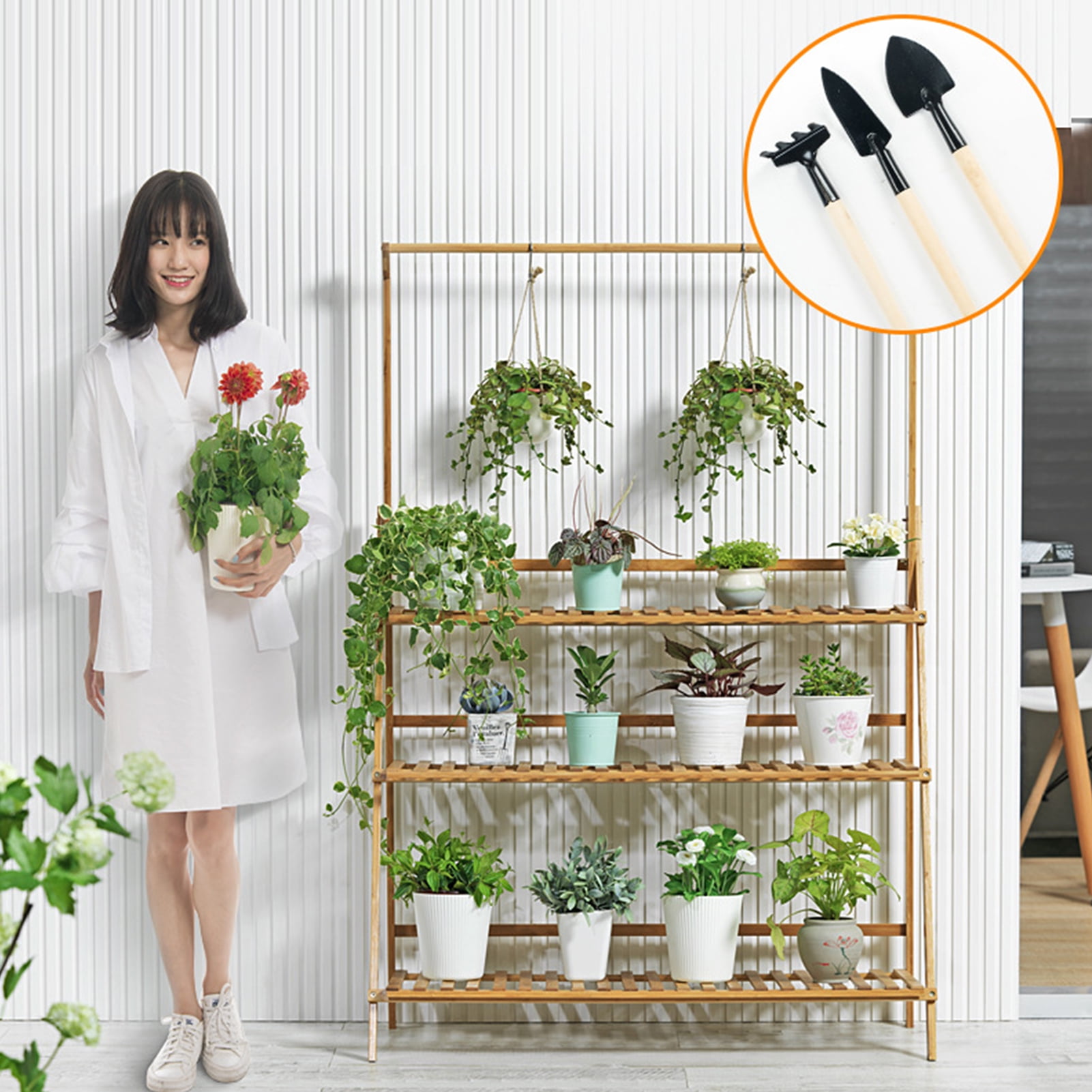 Xinwanna Balcony Flower Rack with Hanging Rod, 3-Layer Indoor Floor To ...