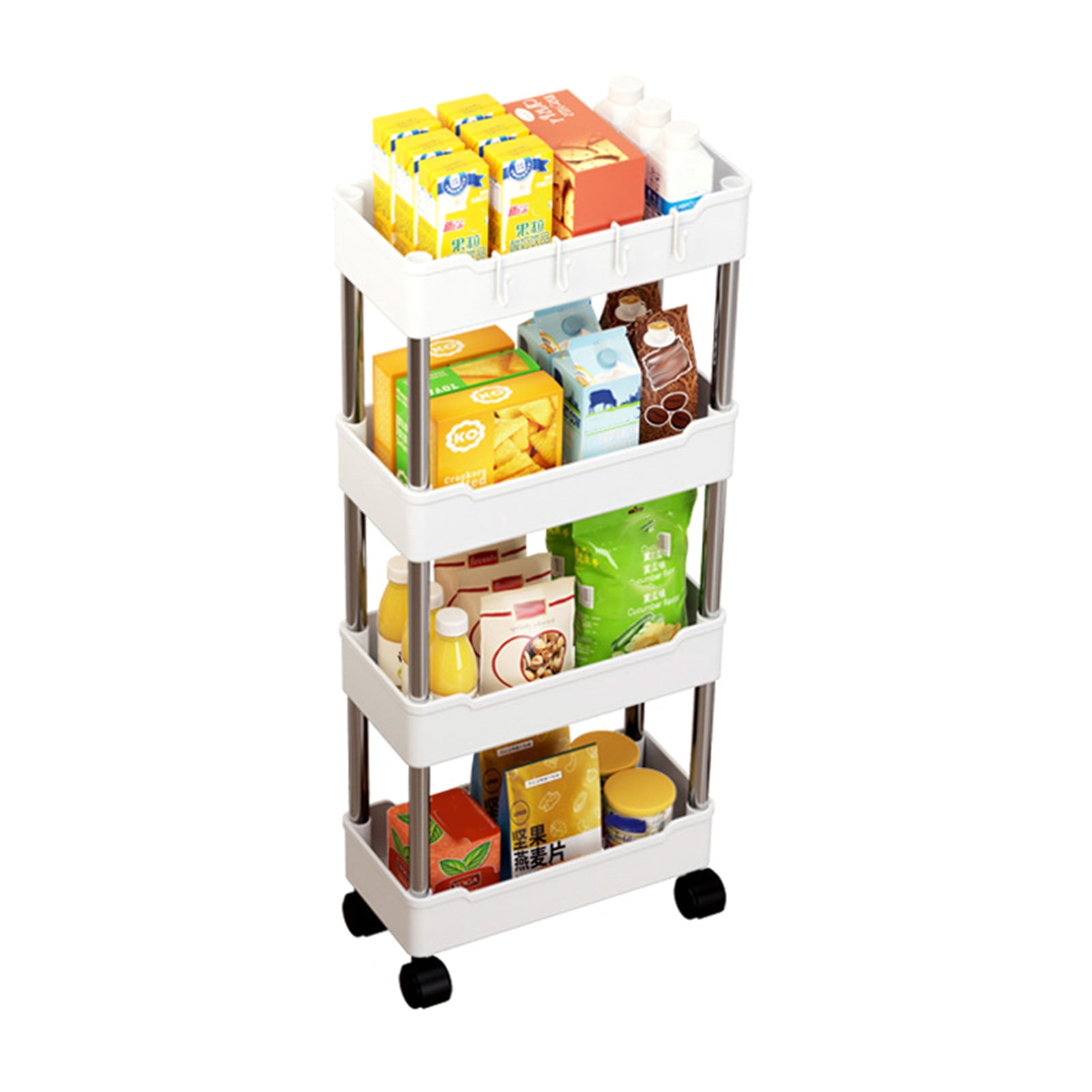 Xinwanna Rolling Utility Cart with Hooks 4 Tier, Utility Storage ...