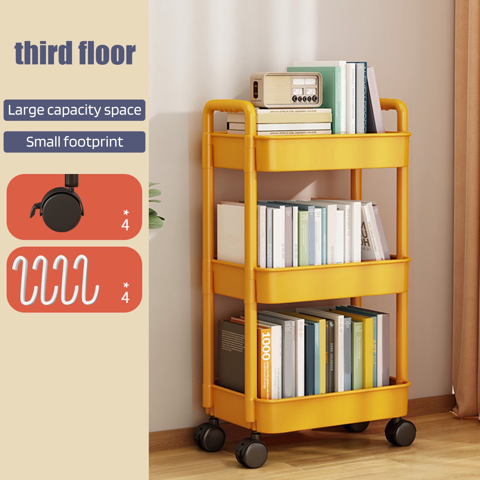 Xinwanna Storage Rack Trolley, Floor Standing Movable Bookshelf, 3 Tier ...