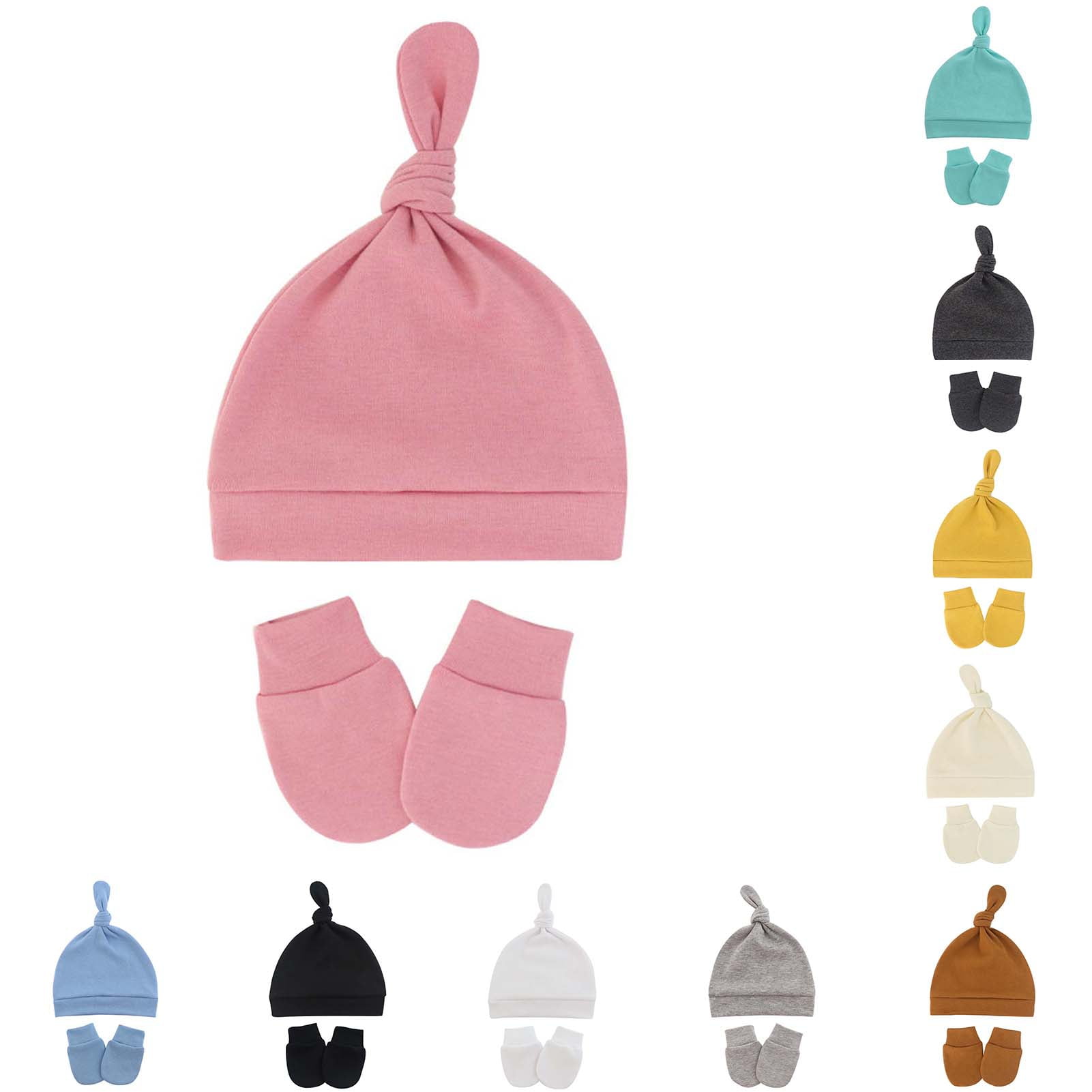 Xinyolin 2Pcs/Set Baby Hat Gloves Solid Color Thin Knot Elastic Infant ...