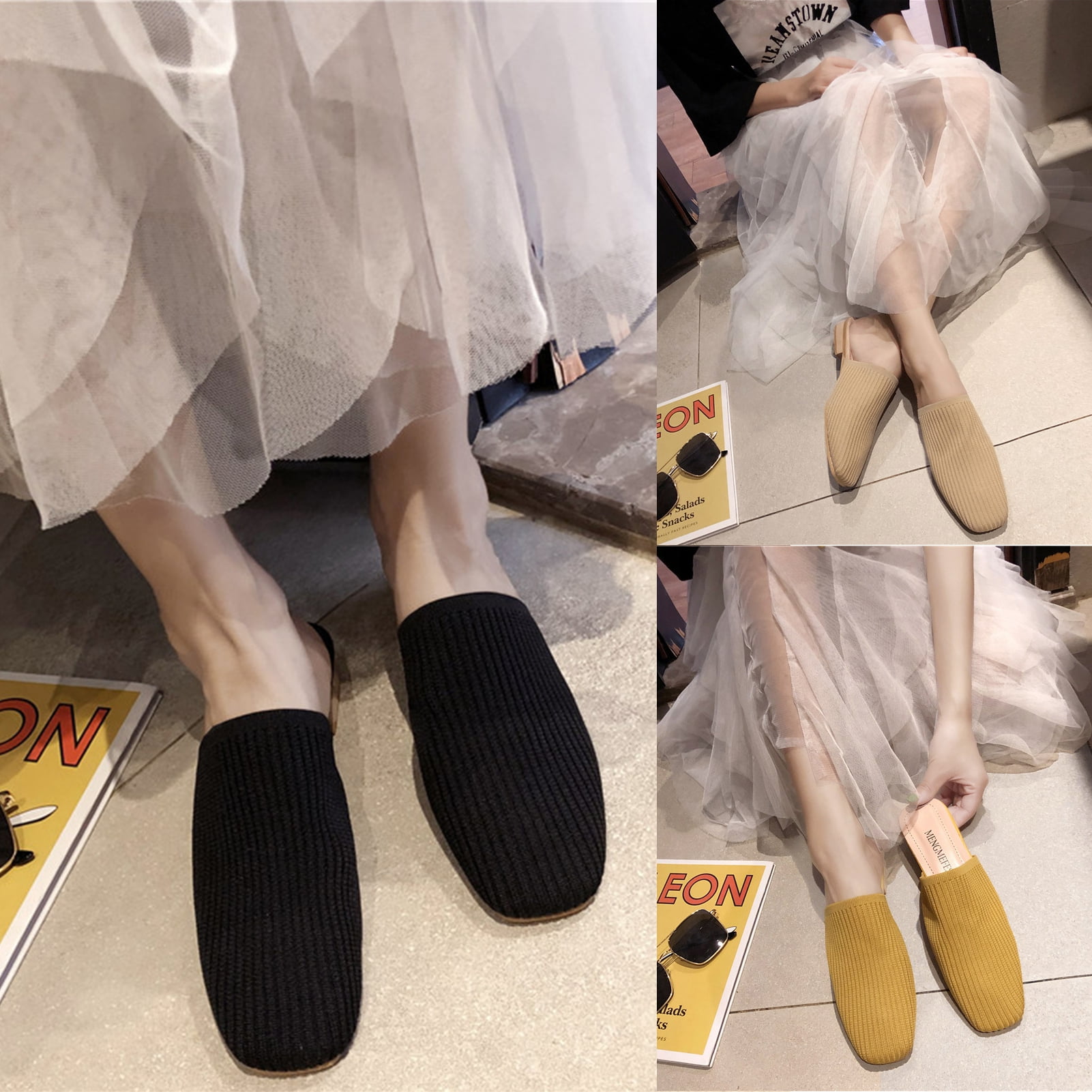 Xinyolin Women Knitted Closed Toe Mules Loafers Slip-on Backless Pumps ...