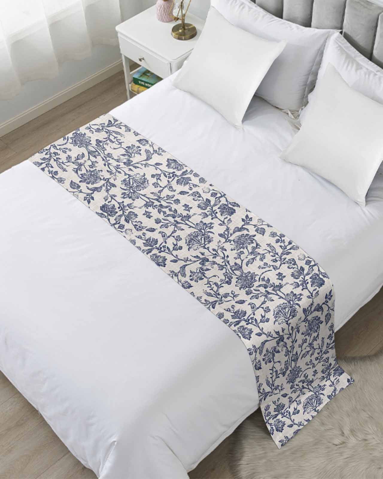 Xipuska Blue Floral Leaf Bed Runners for Twin Size Bed, Decorative Bed ...