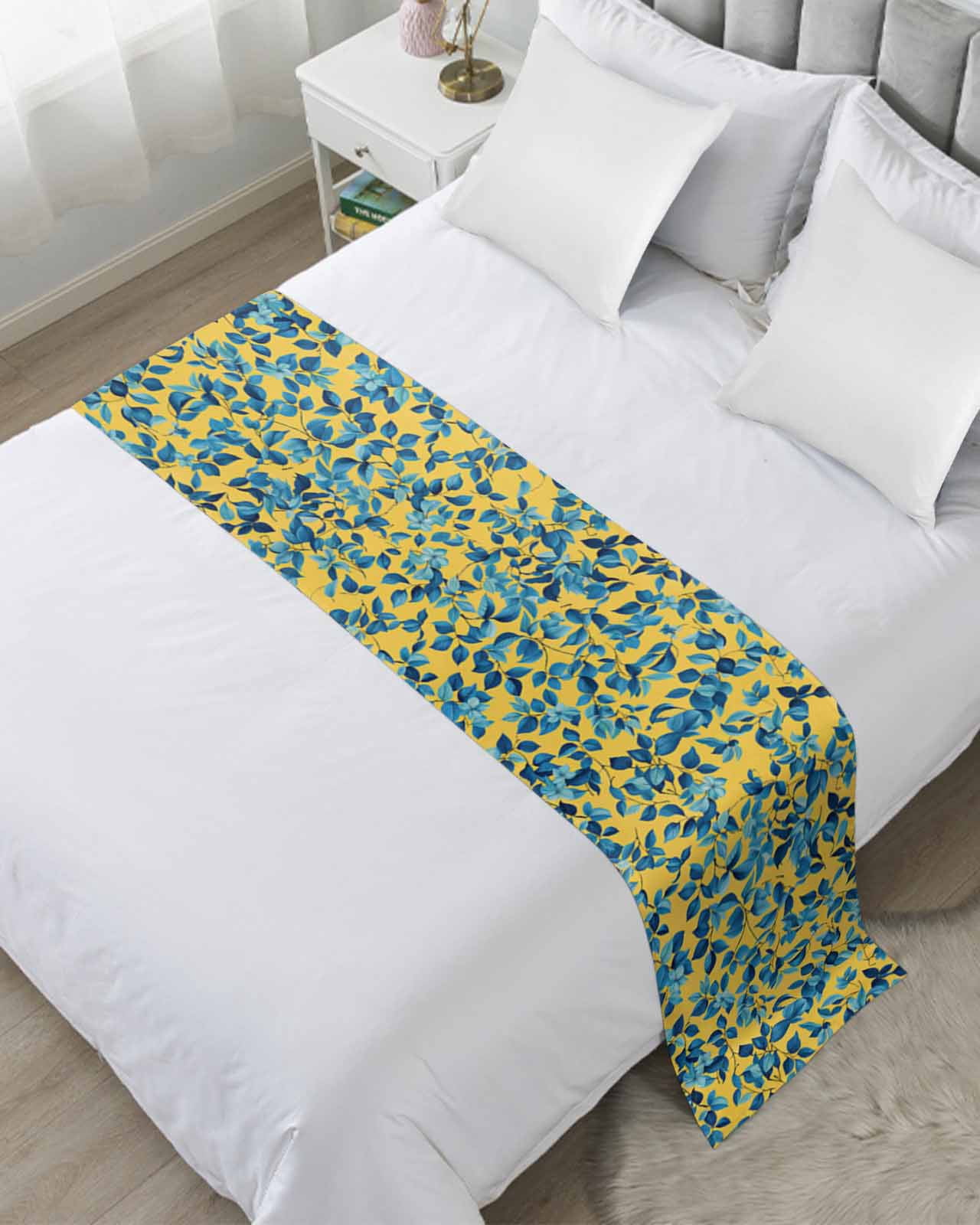 Xipuska Blue Leaf Flower Bed Runners for King Size Bed, Decorative Bed ...