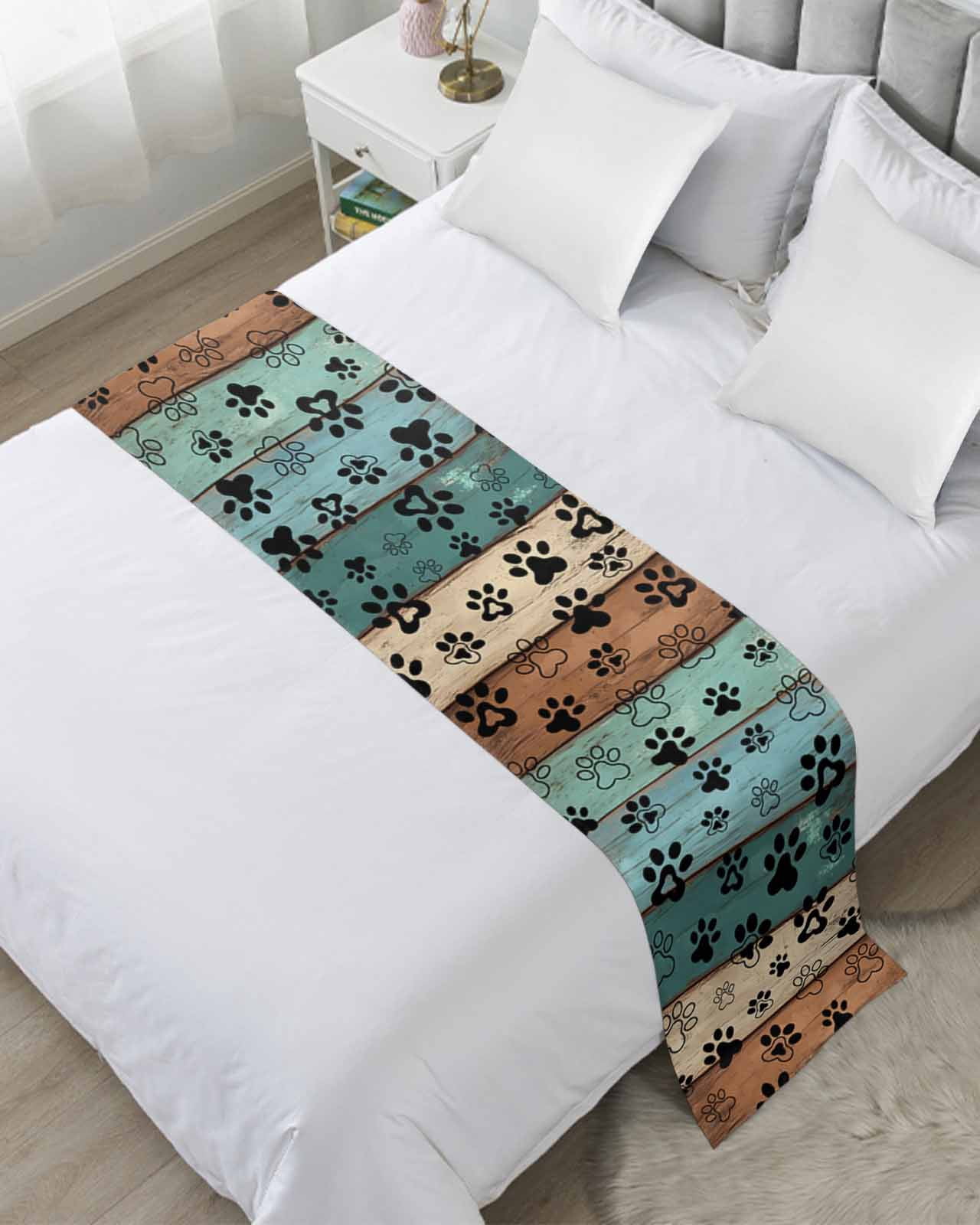 Xipuska Green Brown Paw Print Bed Runners for King Size Bed, Decorative ...