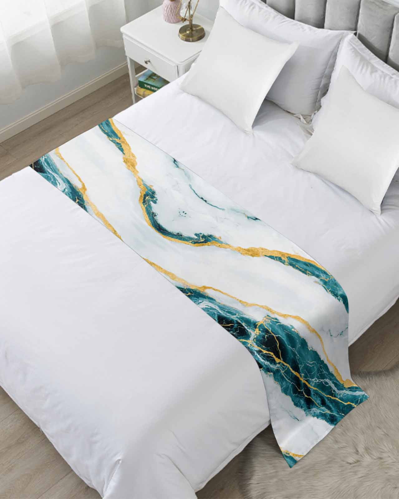 Xipuska Marble Turquoise Bed Runners for Cal King Size Bed, Decorative ...