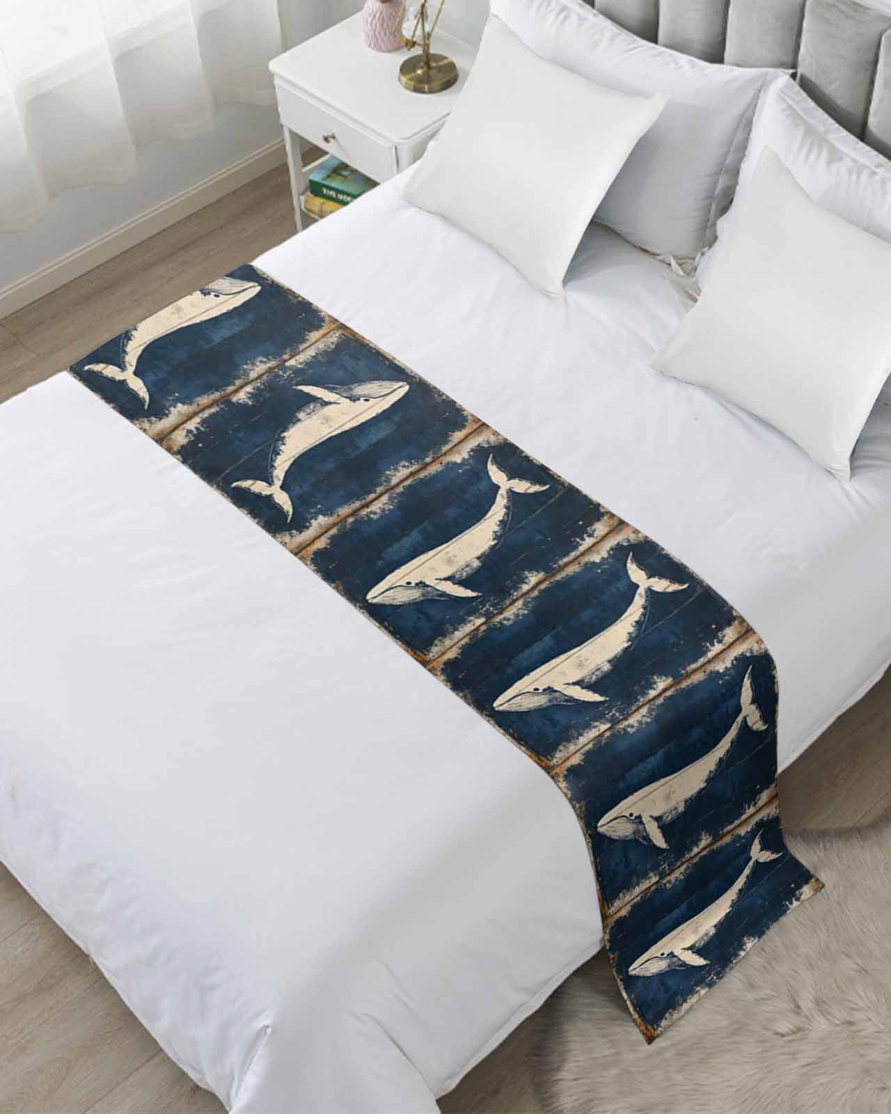 Xipuska Ocean Whale Blue Bed Runners for Twin Size Bed, Decorative Bed ...