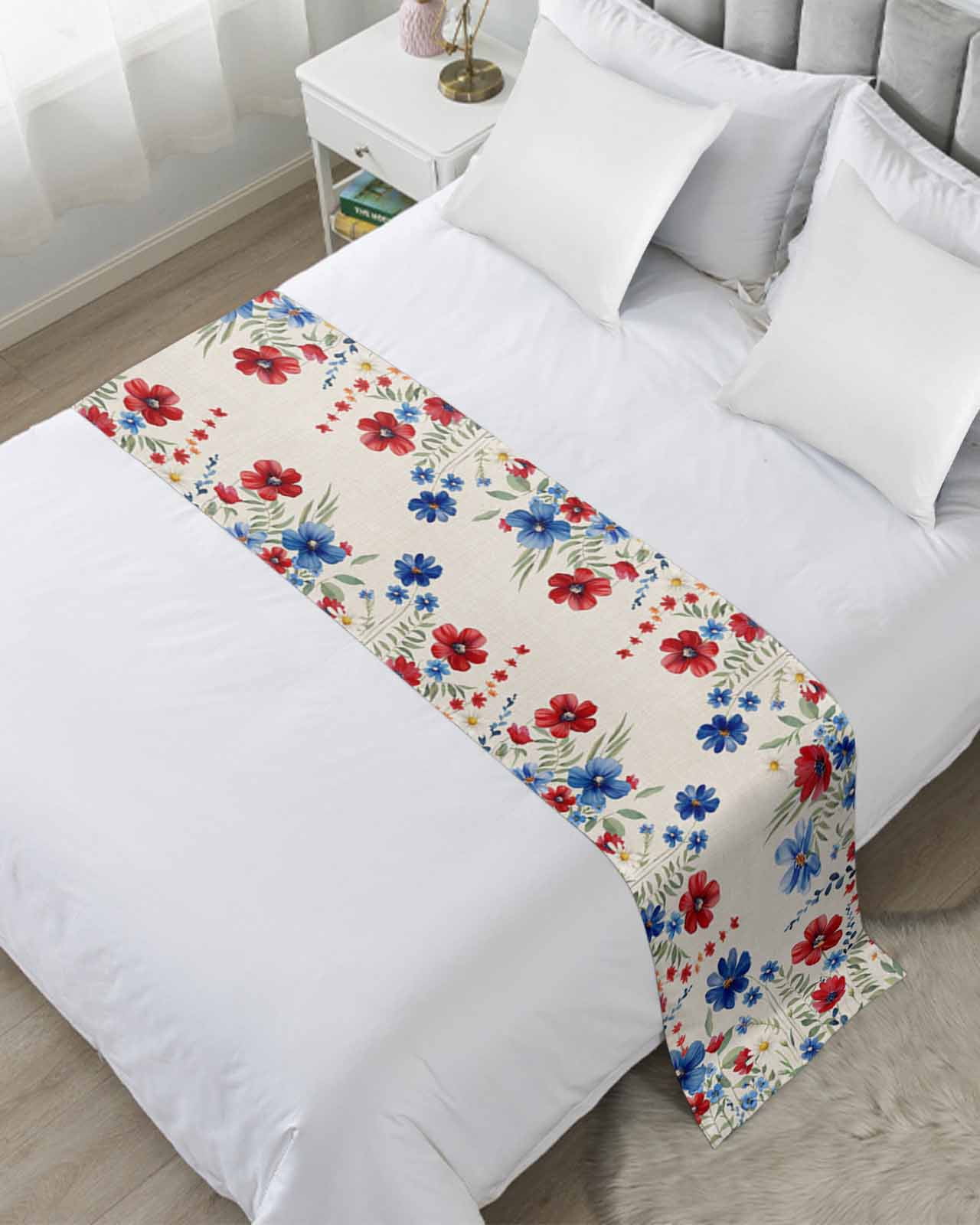Xipuska Red Blue Spring Floral Bed Runners for Cal King Size Bed ...