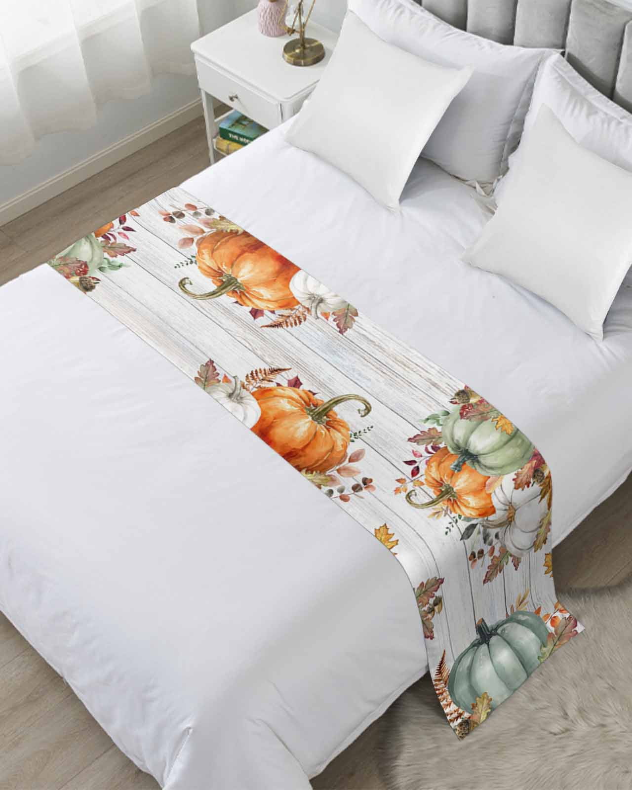 Xipuska Sage Green Fall Pumpkins Bed Runners for King Size Bed ...