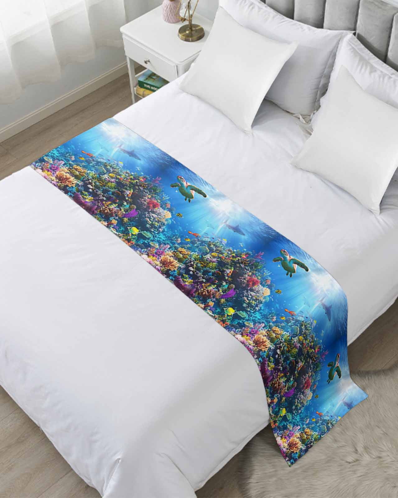 Xipuska Turtle Blue Bed Runners for Cal King Size Bed, Decorative Bed ...