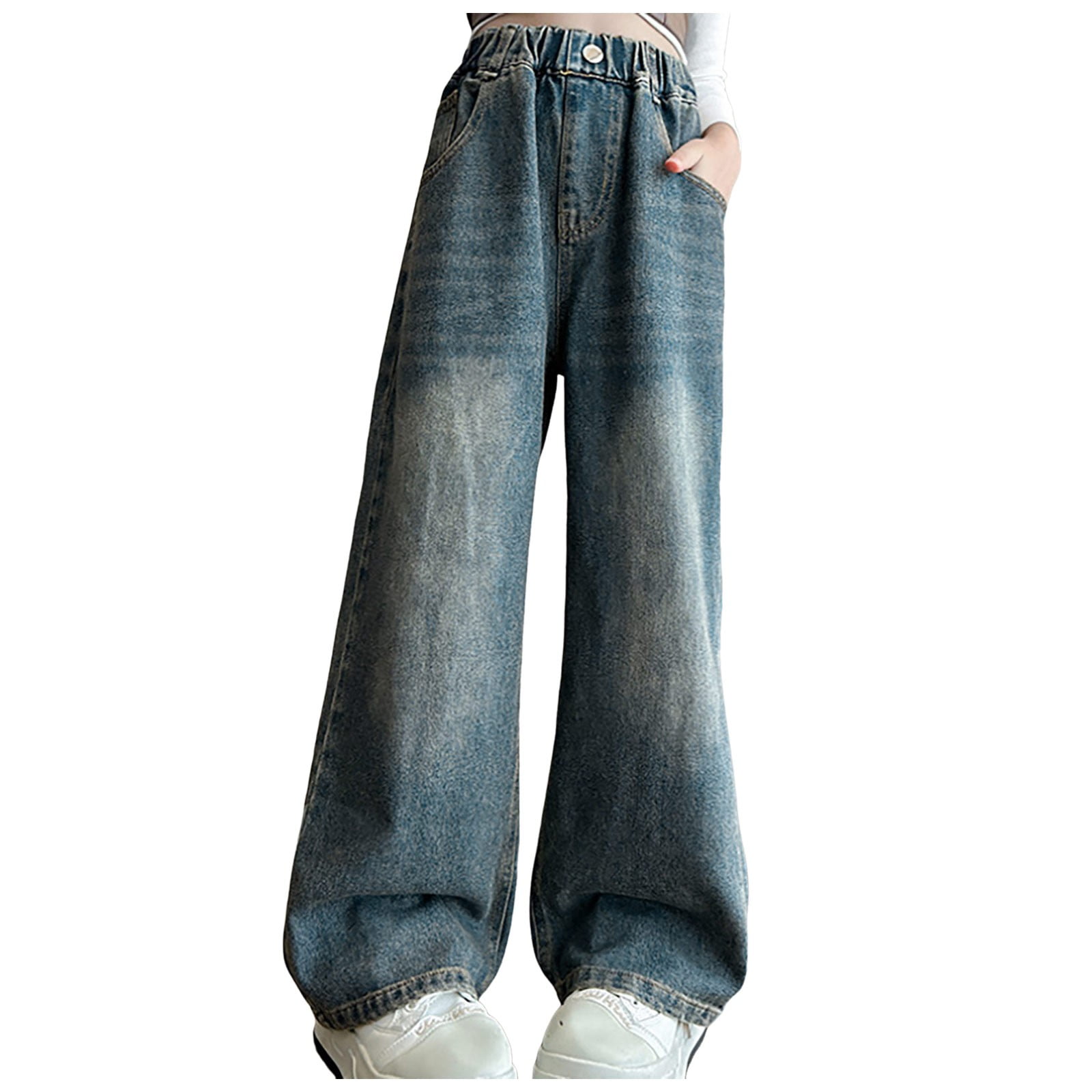 Xiuong Girls Jeans- Baggy Wide Leg Casual High Rise Kids Denim Pants ...