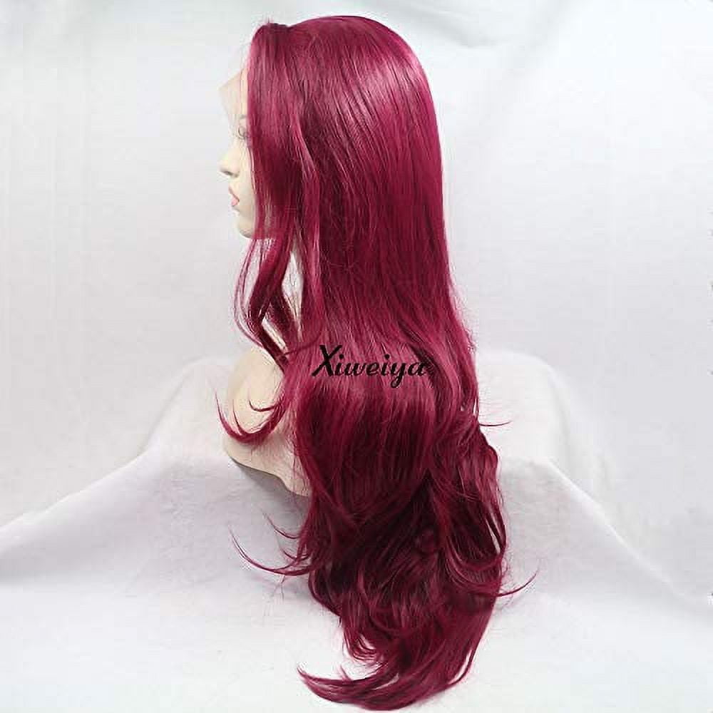 Xiweiya Burgundy Wavy Hair Long Wine Red Wig Side Parting Soft Lace ...
