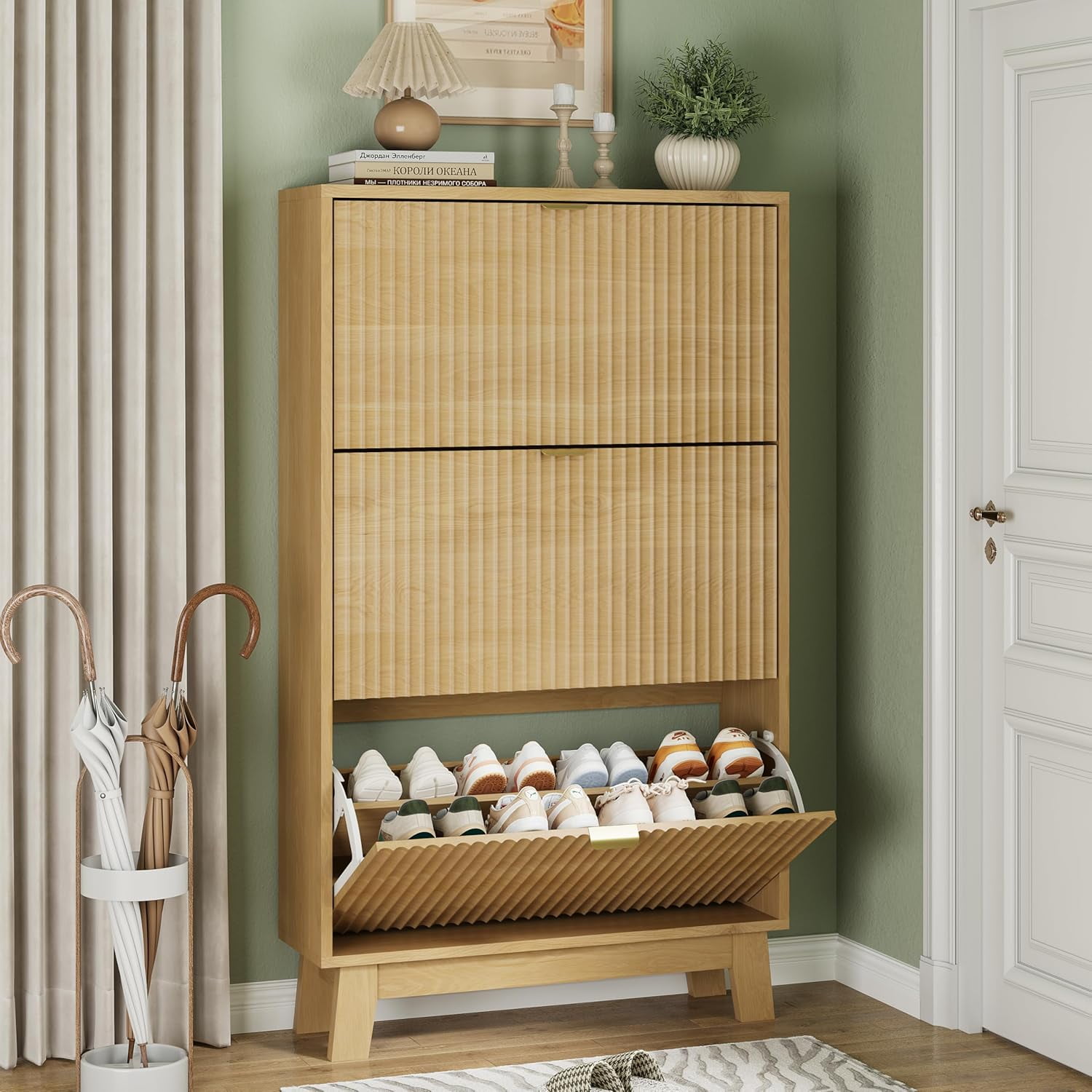 Xixini Shoe Cabinet with 3 Flip Drawers, 54" Tall Narrow Fluted Shoe ...