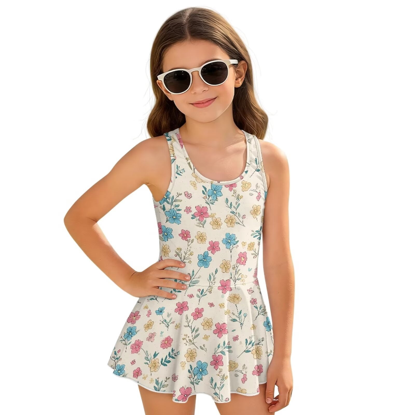 Xixirimido Beige Boho Floral Print Girls One Piece Swimsuits with Skirt ...