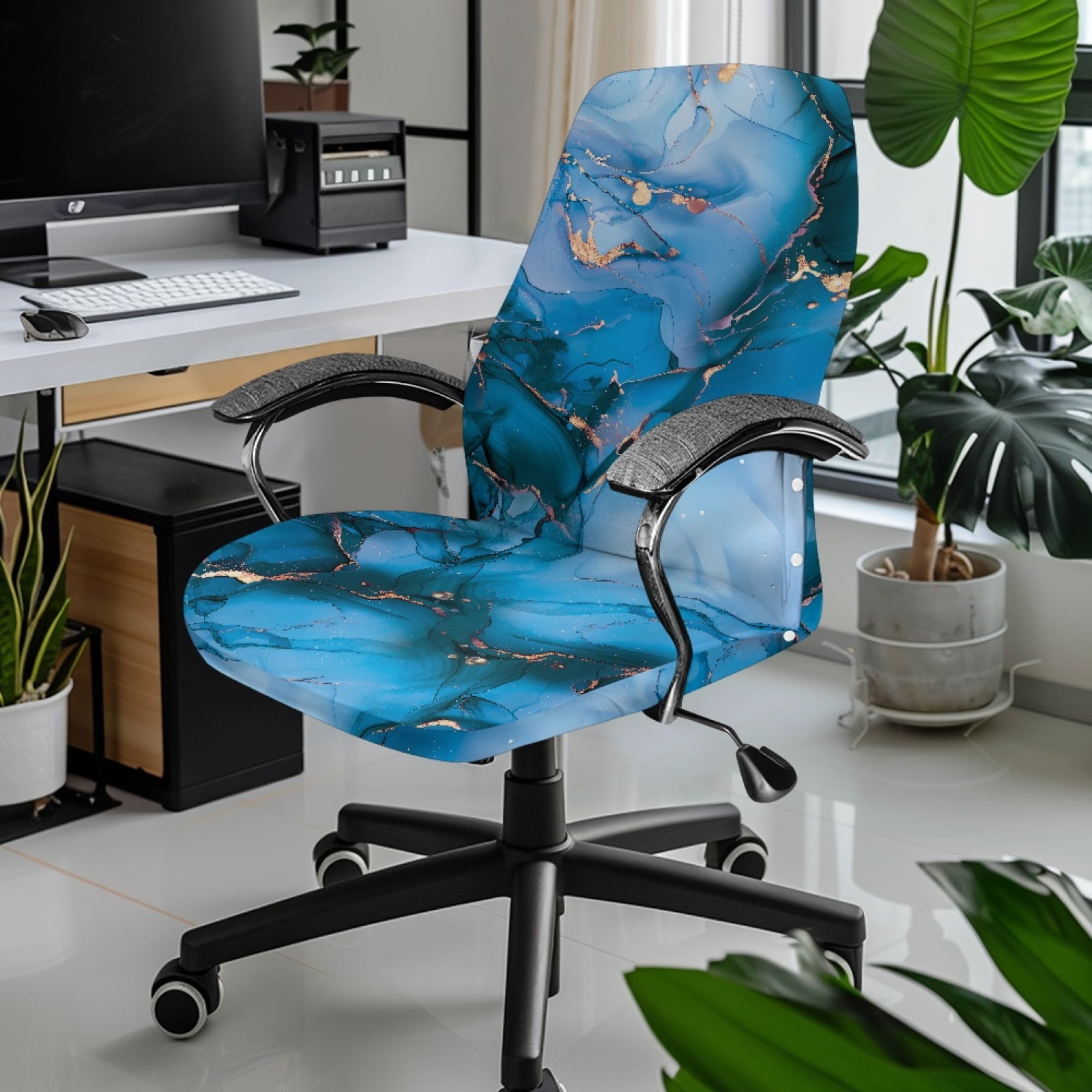 Xixirimido Blue Marble Design Print Office Chair Covers, Soft Rotating ...