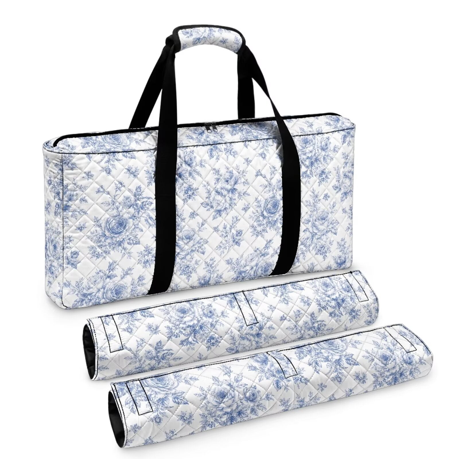 Xixirimido Classic Blue Rose Toile Quilted Mahjong Storage Bag 3-Piece ...